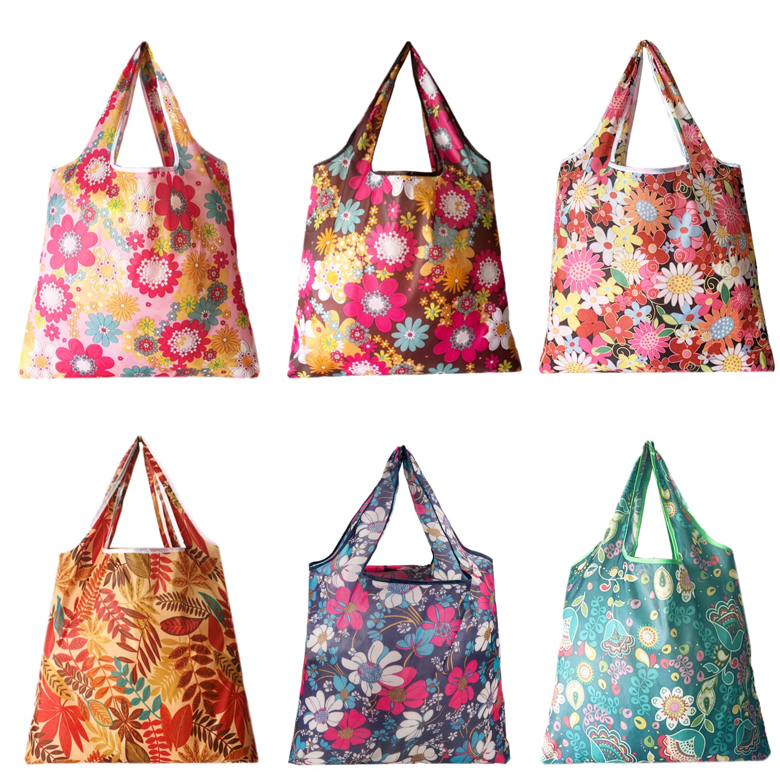 FulSurgus 6 Pack Reusable Foldable Grocery Shopping Bags, Machine Washable Groceries Bags Sturdy Lightweight Nylon Bags