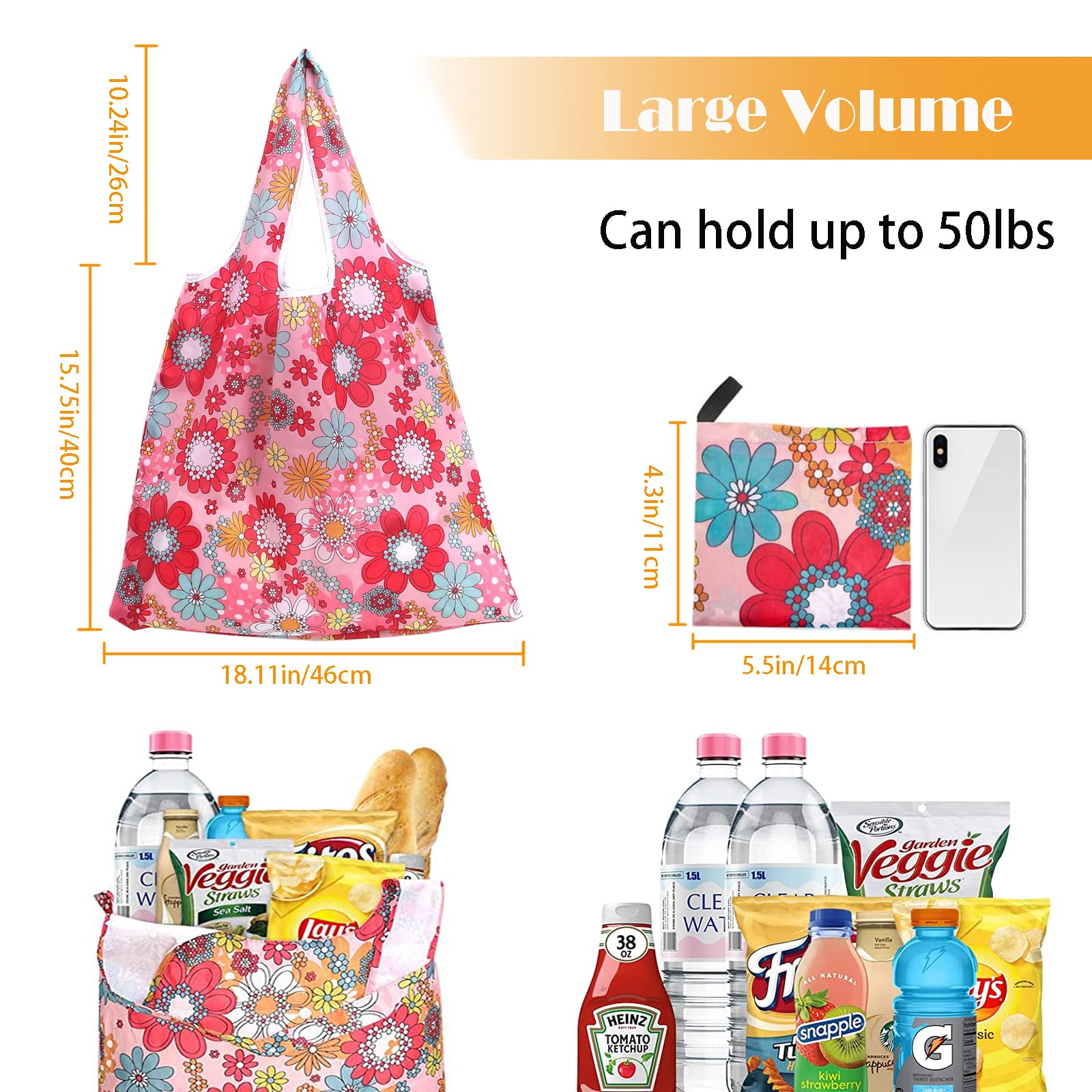 FulSurgus 6 Pack Reusable Foldable Grocery Shopping Bags, Machine Washable Groceries Bags Sturdy Lightweight Nylon Bags