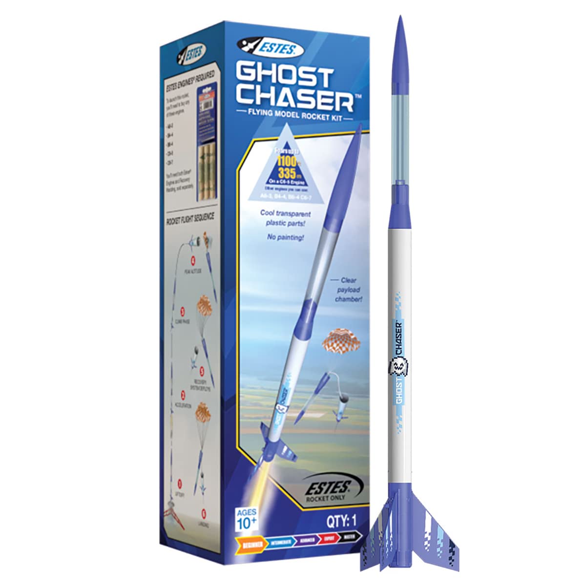 Estes Ghost Chaser Flying Model Rocket Kit 7300 | Beginner Level | Flies on Estes Engines A Through C | Payload Section | Max Altitude 1100 ft. 335 m.