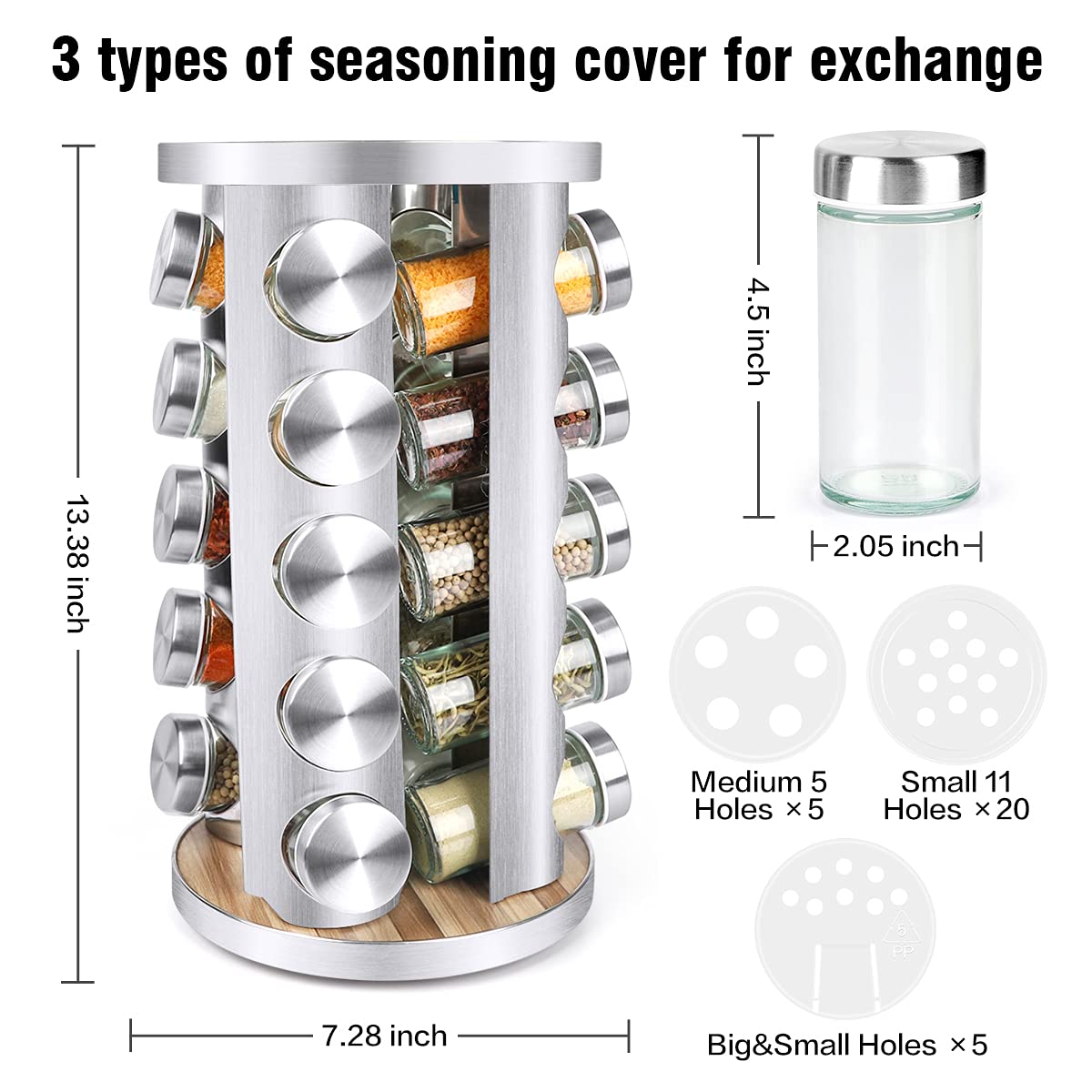 Spice Rack Organizer with Jars for Cabinet (20Pcs) Revolving/Rotating Seasoning Organizer, Stainless Steel/Wooden Countertop Rack Tower Organizer for Kitchen Pantry with Reusable Labels/Funnel/Brushes