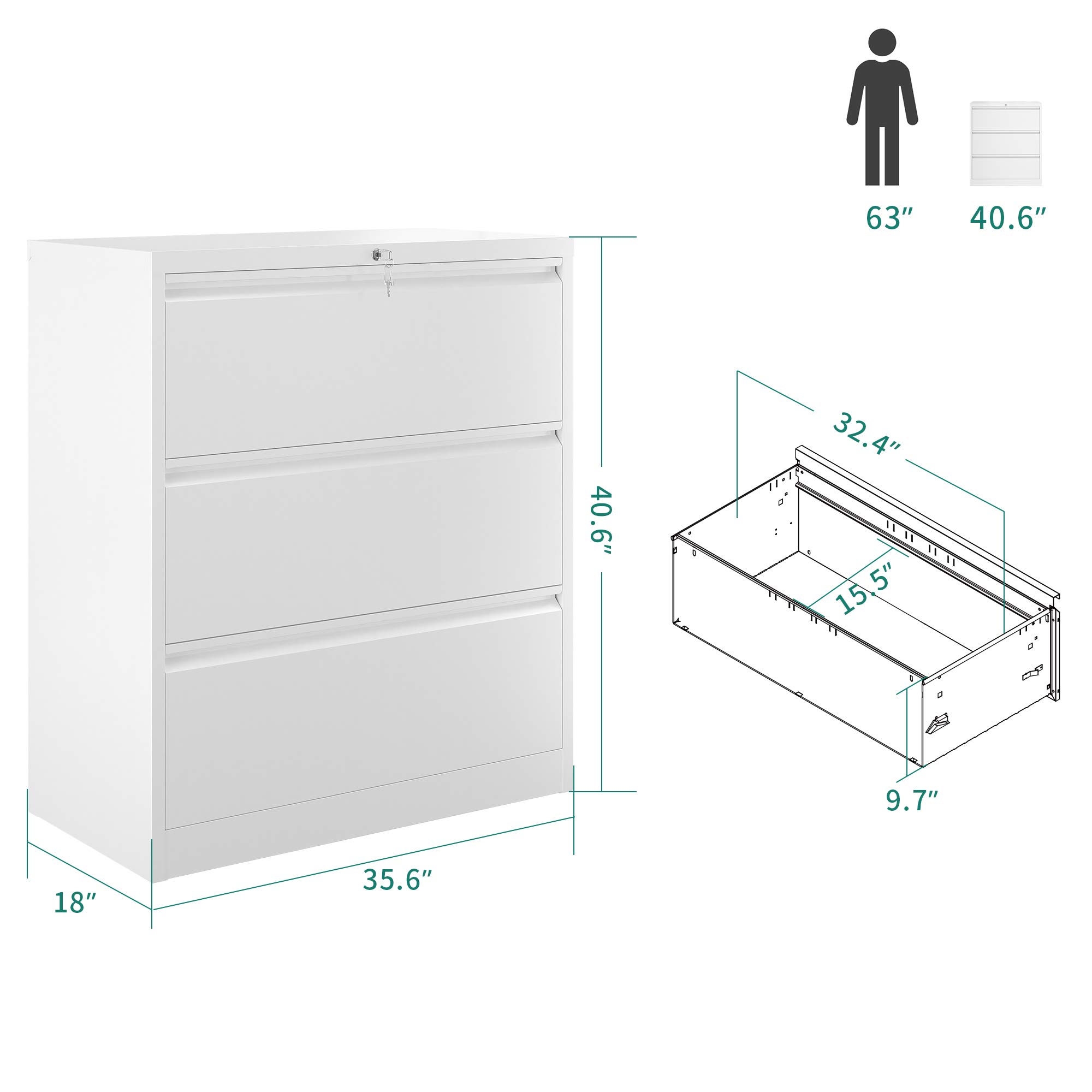 YITAHOME 3 Drawer Lateral File Cabinet with Lock, Metal Stainless Steel Wide Lateral Filing Cabinet for Legal/Letter A4 Size, Office Organizer Storage Cabinet,White