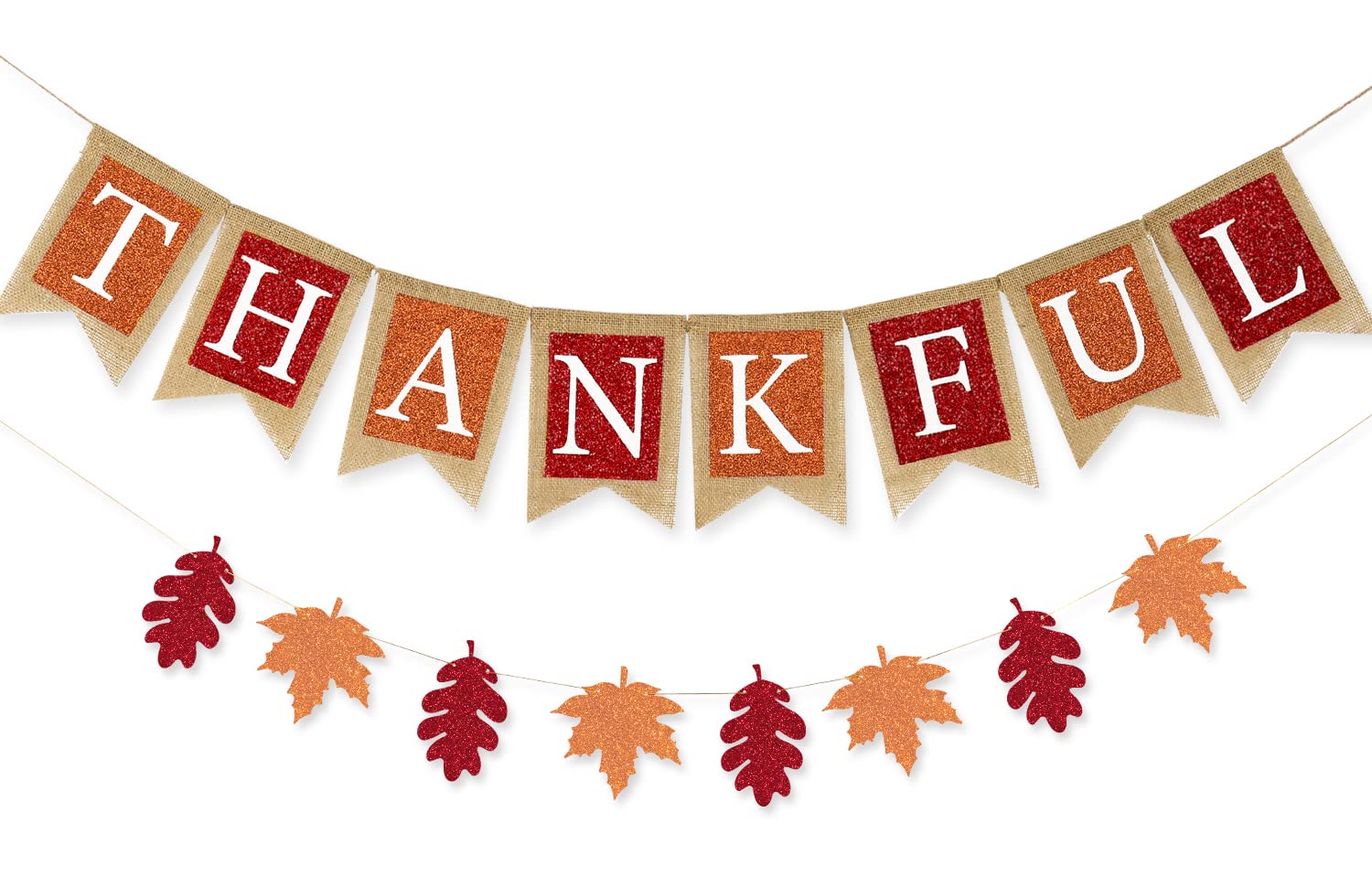 Whaline Fall Banner Thankful Burlap Banner Maple Leaf Glitter Paper Banner Pre-Assembled Rustic Bunting Garland for Autumn Harvest Hanging Decorations Thanksgiving Party Supplies Home Decoration
