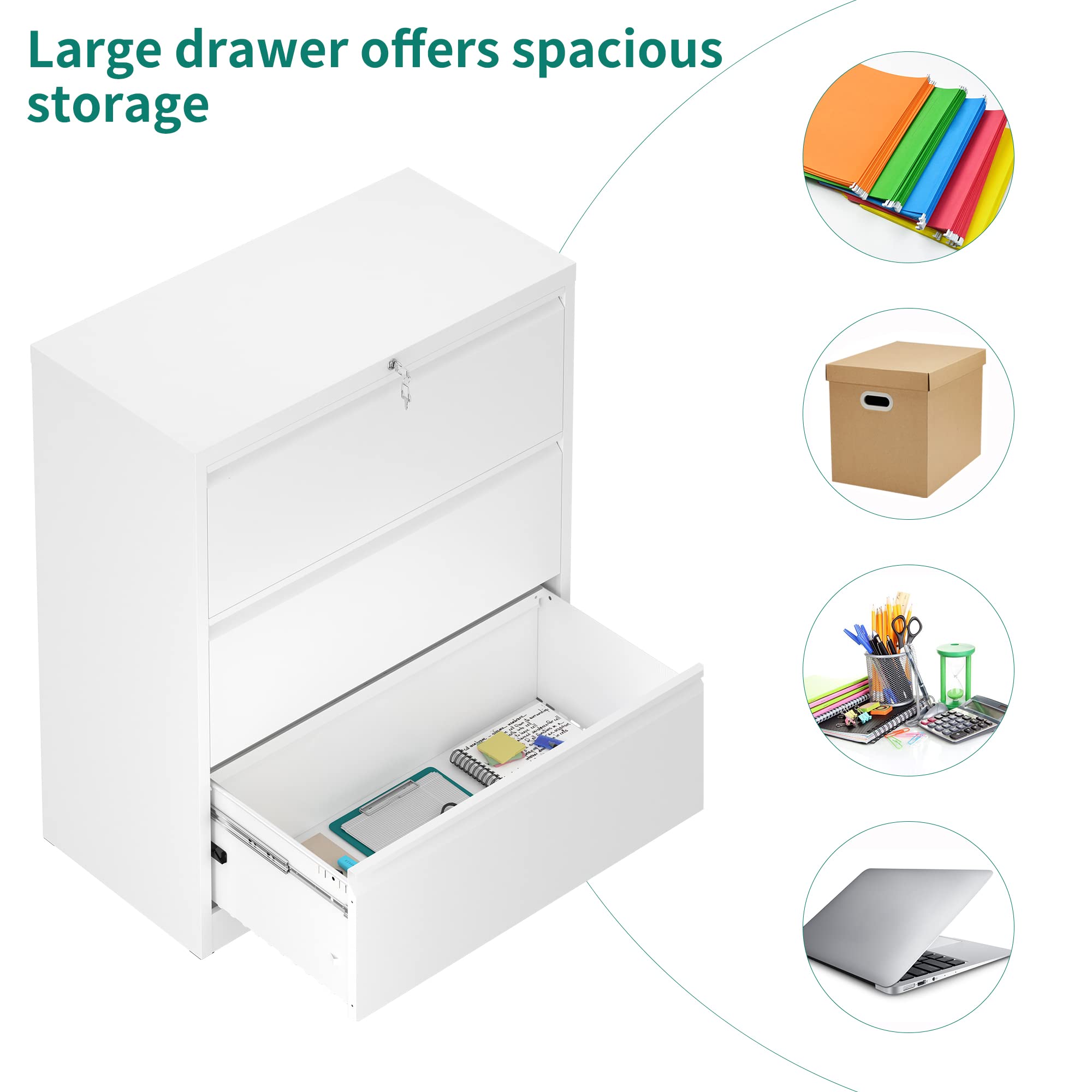 YITAHOME 3 Drawer Lateral File Cabinet with Lock, Metal Stainless Steel Wide Lateral Filing Cabinet for Legal/Letter A4 Size, Office Organizer Storage Cabinet,White