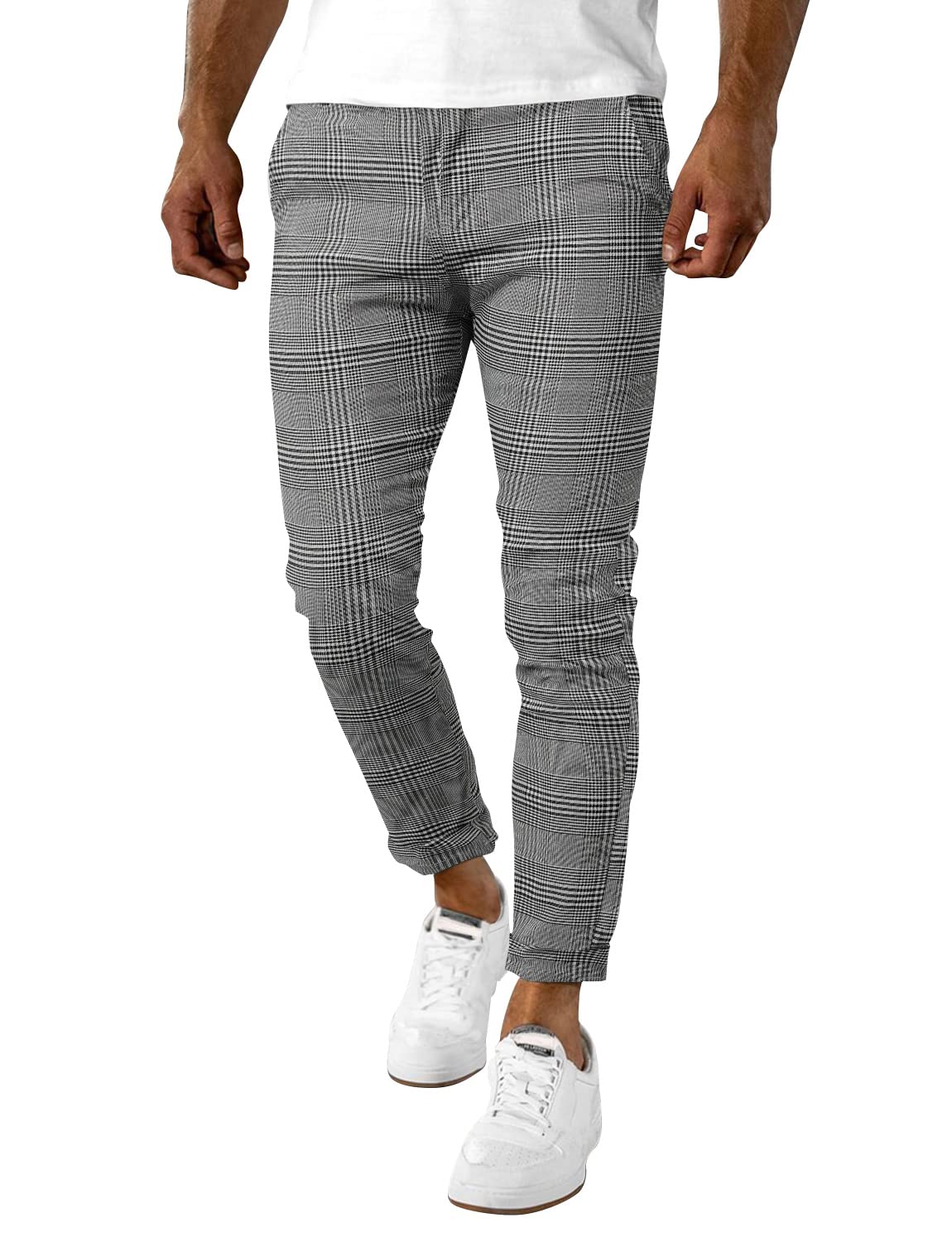 Woenzaia Men's Fashion Slim Fit Plaid Dress Pants Casual Skinny Chinos Pants Stretch Expandable Waist Golf Pants Checkered Travel Slacks(Dark Grey,32
