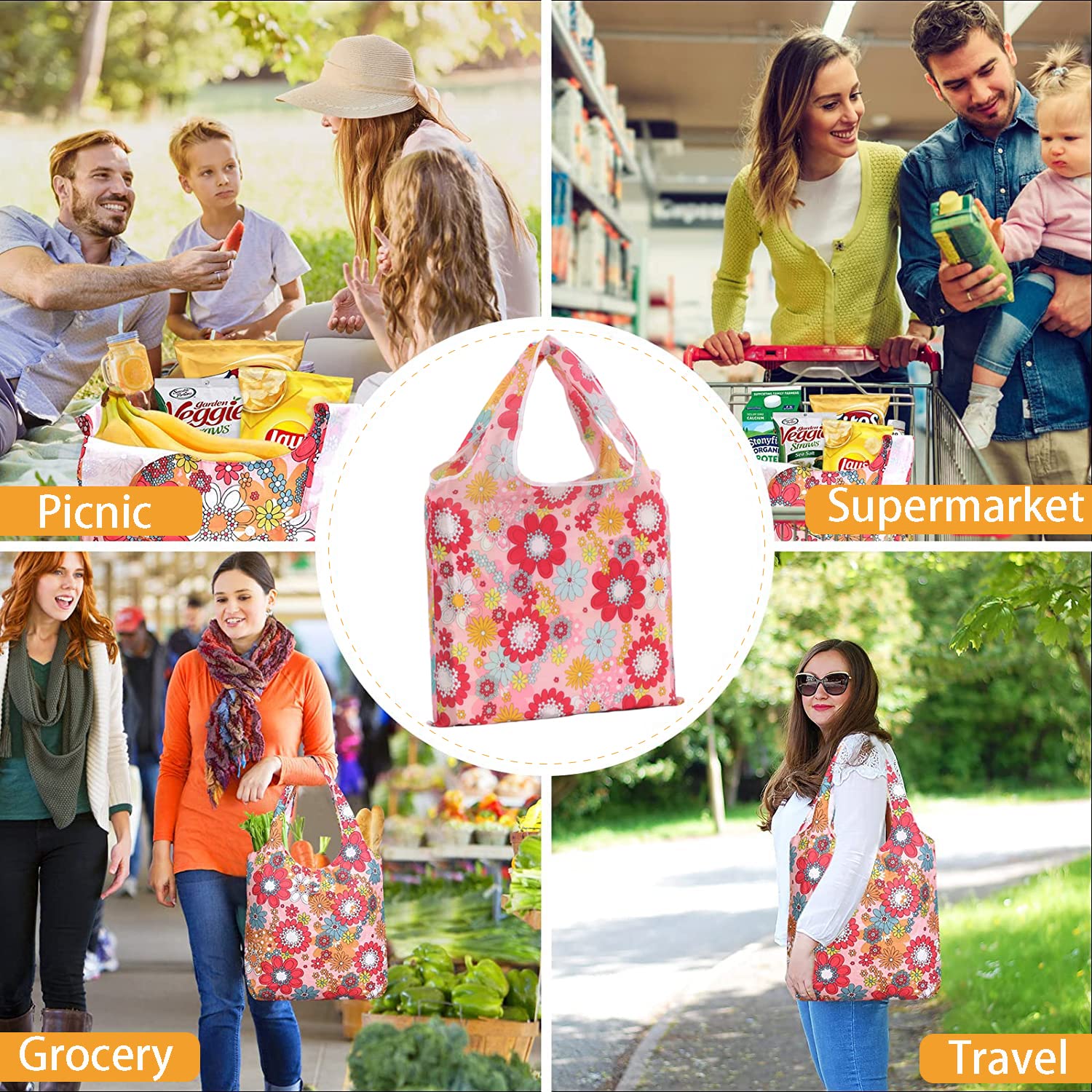 FulSurgus 6 Pack Reusable Foldable Grocery Shopping Bags, Machine Washable Groceries Bags Sturdy Lightweight Nylon Bags