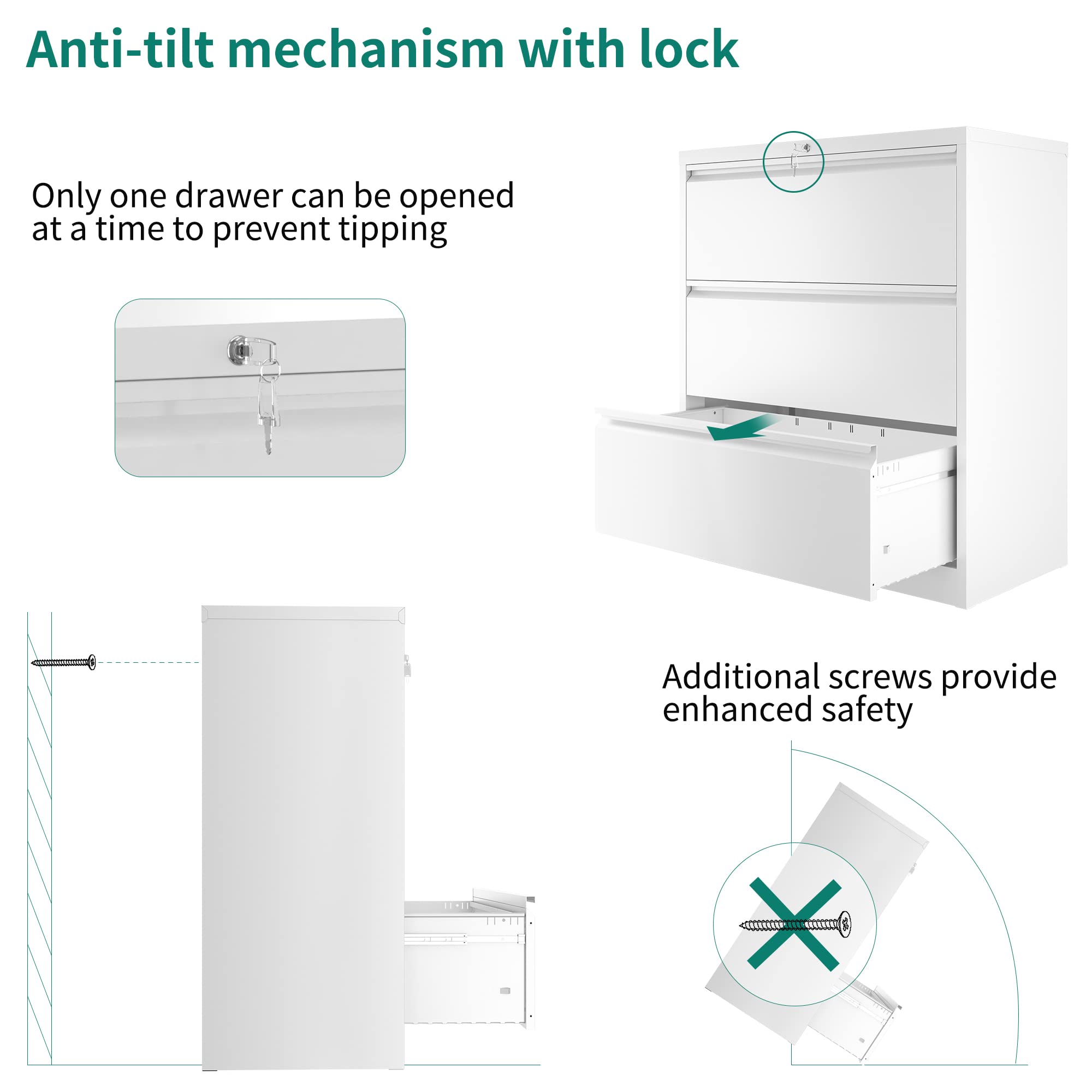 YITAHOME 3 Drawer Lateral File Cabinet with Lock, Metal Stainless Steel Wide Lateral Filing Cabinet for Legal/Letter A4 Size, Office Organizer Storage Cabinet,White