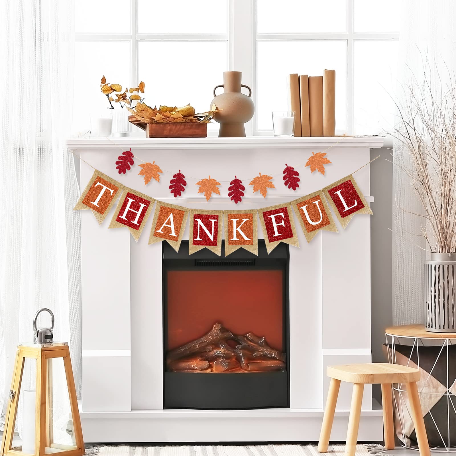 Whaline Fall Banner Thankful Burlap Banner Maple Leaf Glitter Paper Banner Pre-Assembled Rustic Bunting Garland for Autumn Harvest Hanging Decorations Thanksgiving Party Supplies Home Decoration