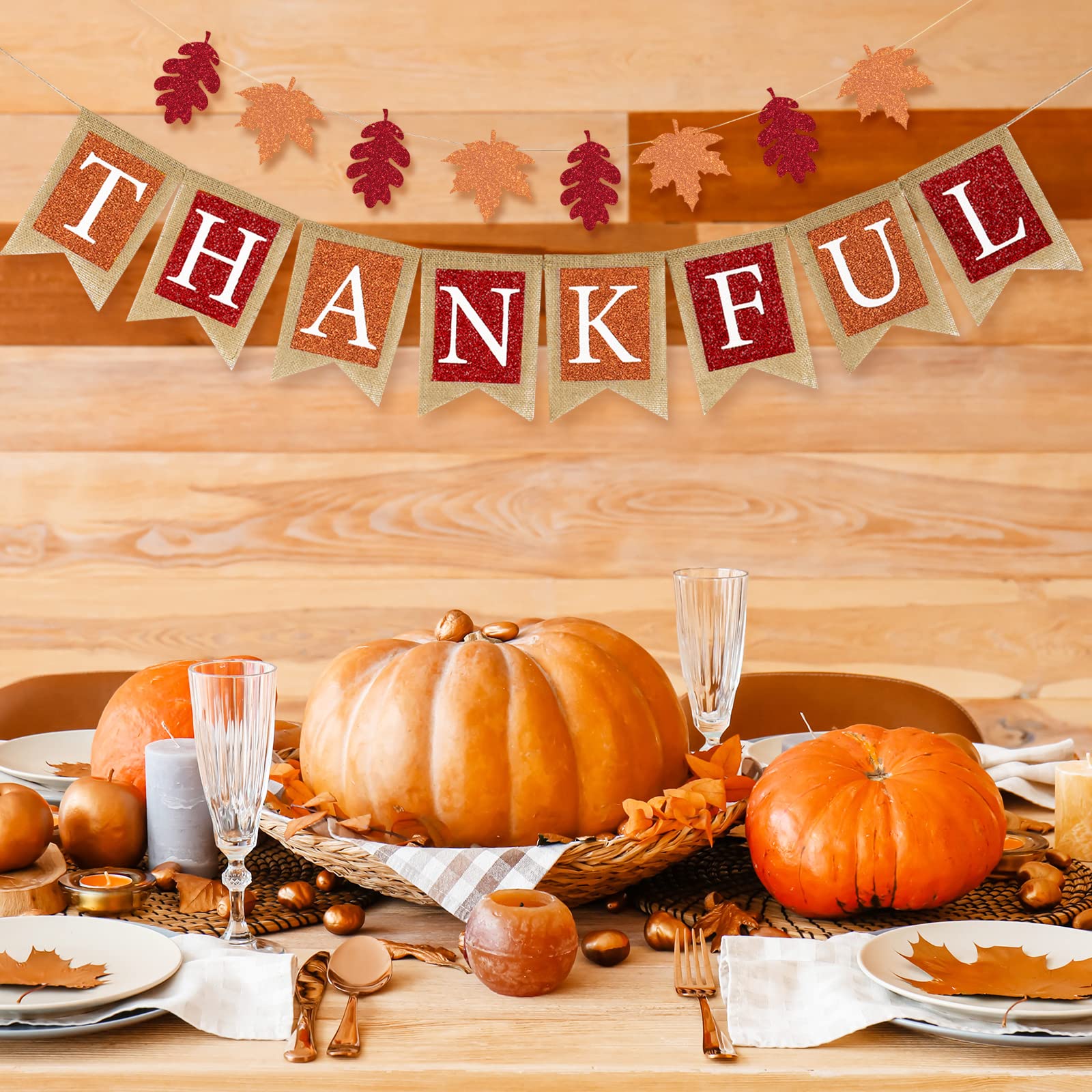Whaline Fall Banner Thankful Burlap Banner Maple Leaf Glitter Paper Banner Pre-Assembled Rustic Bunting Garland for Autumn Harvest Hanging Decorations Thanksgiving Party Supplies Home Decoration
