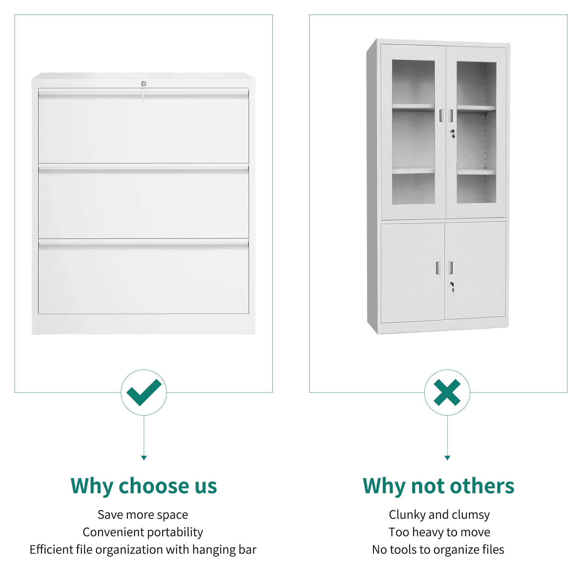 YITAHOME 3 Drawer Lateral File Cabinet with Lock, Metal Stainless Steel Wide Lateral Filing Cabinet for Legal/Letter A4 Size, Office Organizer Storage Cabinet,White