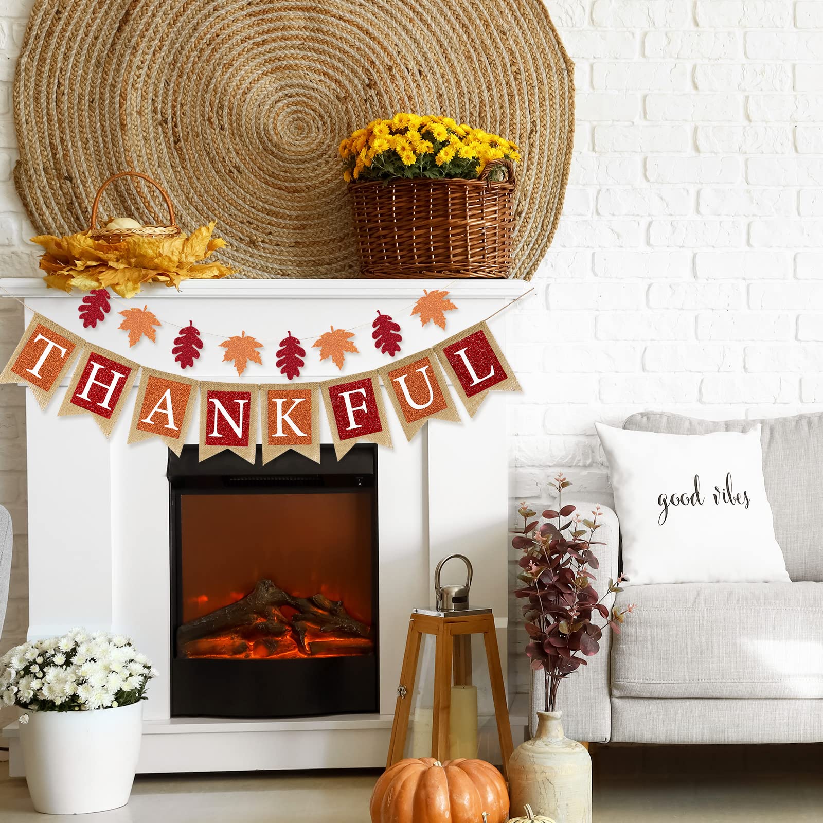 Whaline Fall Banner Thankful Burlap Banner Maple Leaf Glitter Paper Banner Pre-Assembled Rustic Bunting Garland for Autumn Harvest Hanging Decorations Thanksgiving Party Supplies Home Decoration