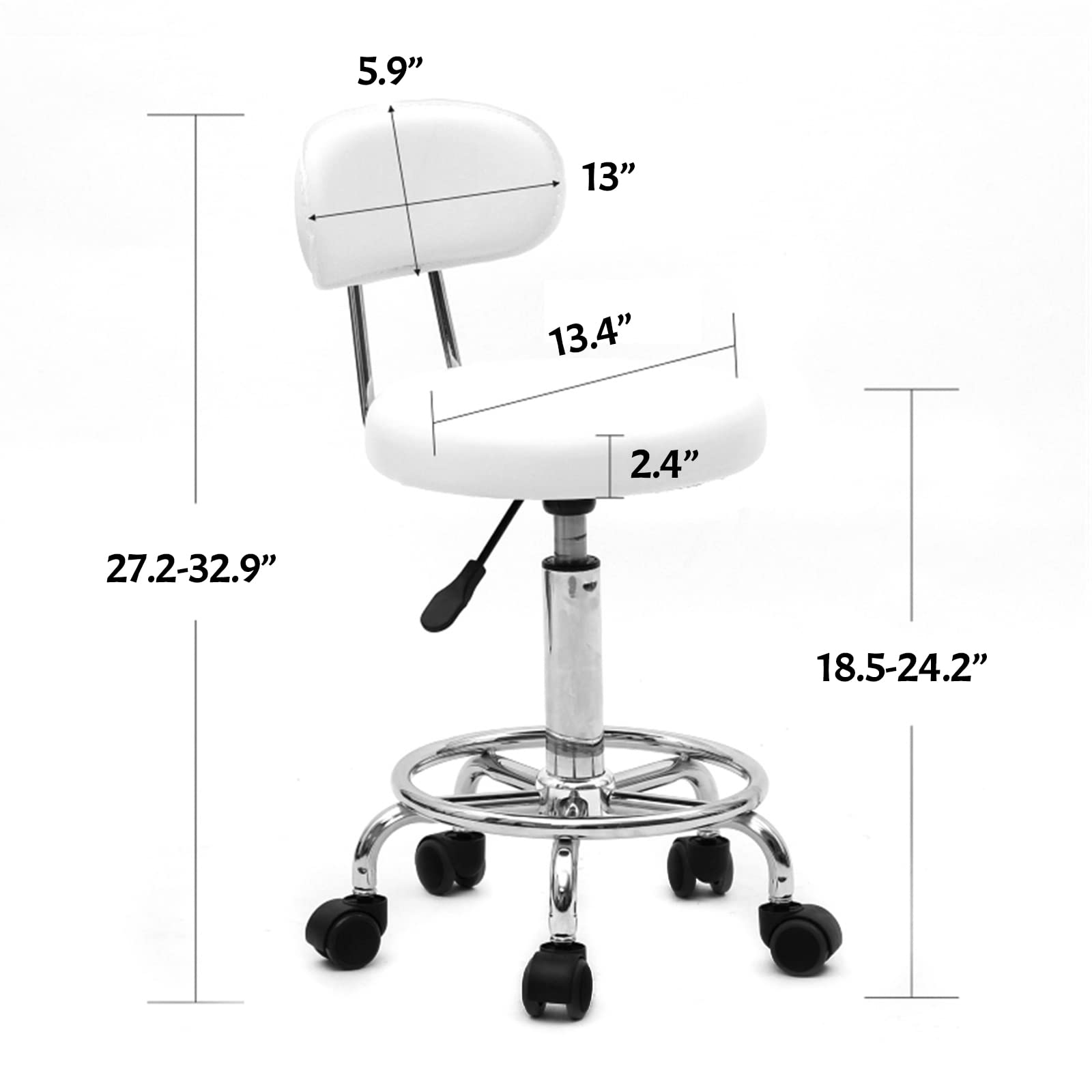 Henf Adjustable Rolling Stool Chair, Multi-Purpose Salon Massage Stool with Wheels and Small Back for Medical Salon Artist Tattoo Facial Manicure Dentist Clinic, White