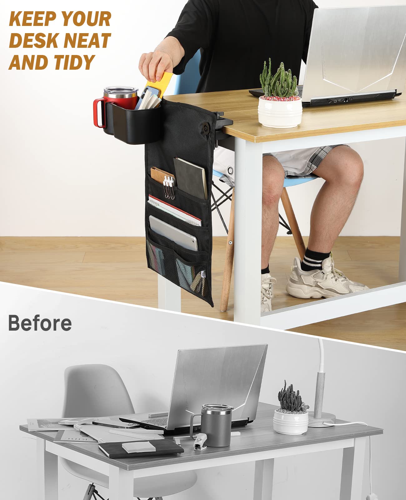 yamagahome Desk Cup Holder Clamp with Hanging Storage Bag, 2 in 1 Table Cup Holder Clip for Desk, Anti-Spill Tableside Cup Holder with Hanging Organizer for Home Office, College Dorm Rooms, RV