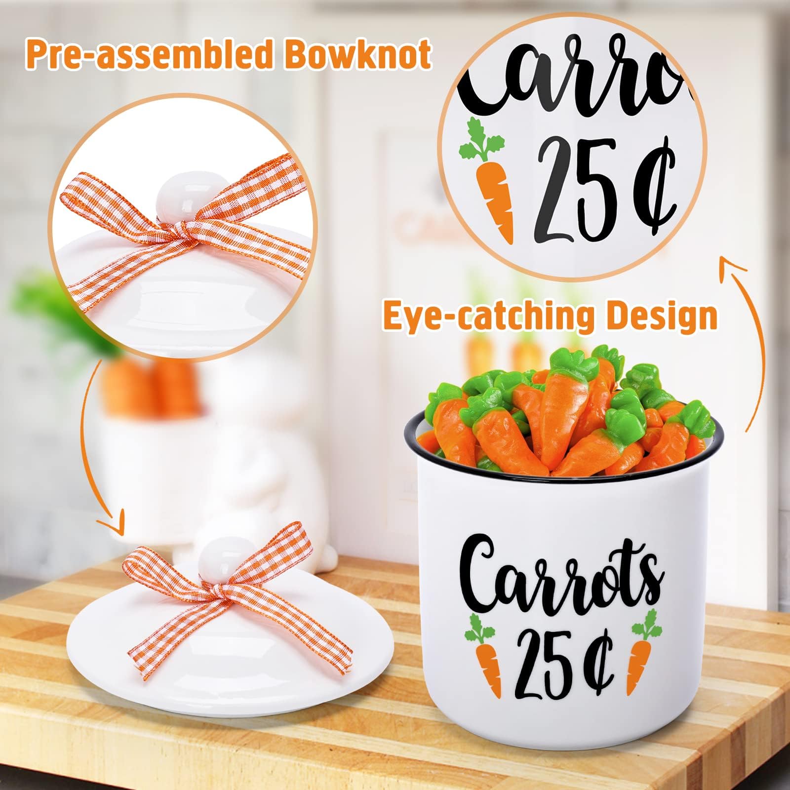 Easter Tiered Tray Decor Ceramic Canister Mini Jar Carrots 25¢ Candy Holder with Lid Orange Buffalo Plaid Bowknot for Cookie Snacks Spring Table Home Kitchen Accessory Holiday Gift Supplies Set of 1
