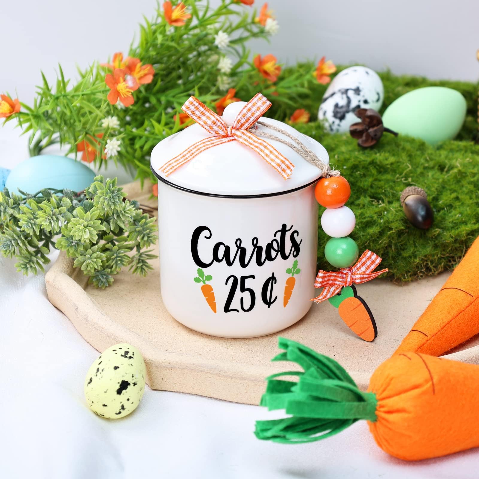 Easter Tiered Tray Decor Ceramic Canister Mini Jar Carrots 25¢ Candy Holder with Lid Orange Buffalo Plaid Bowknot for Cookie Snacks Spring Table Home Kitchen Accessory Holiday Gift Supplies Set of 1