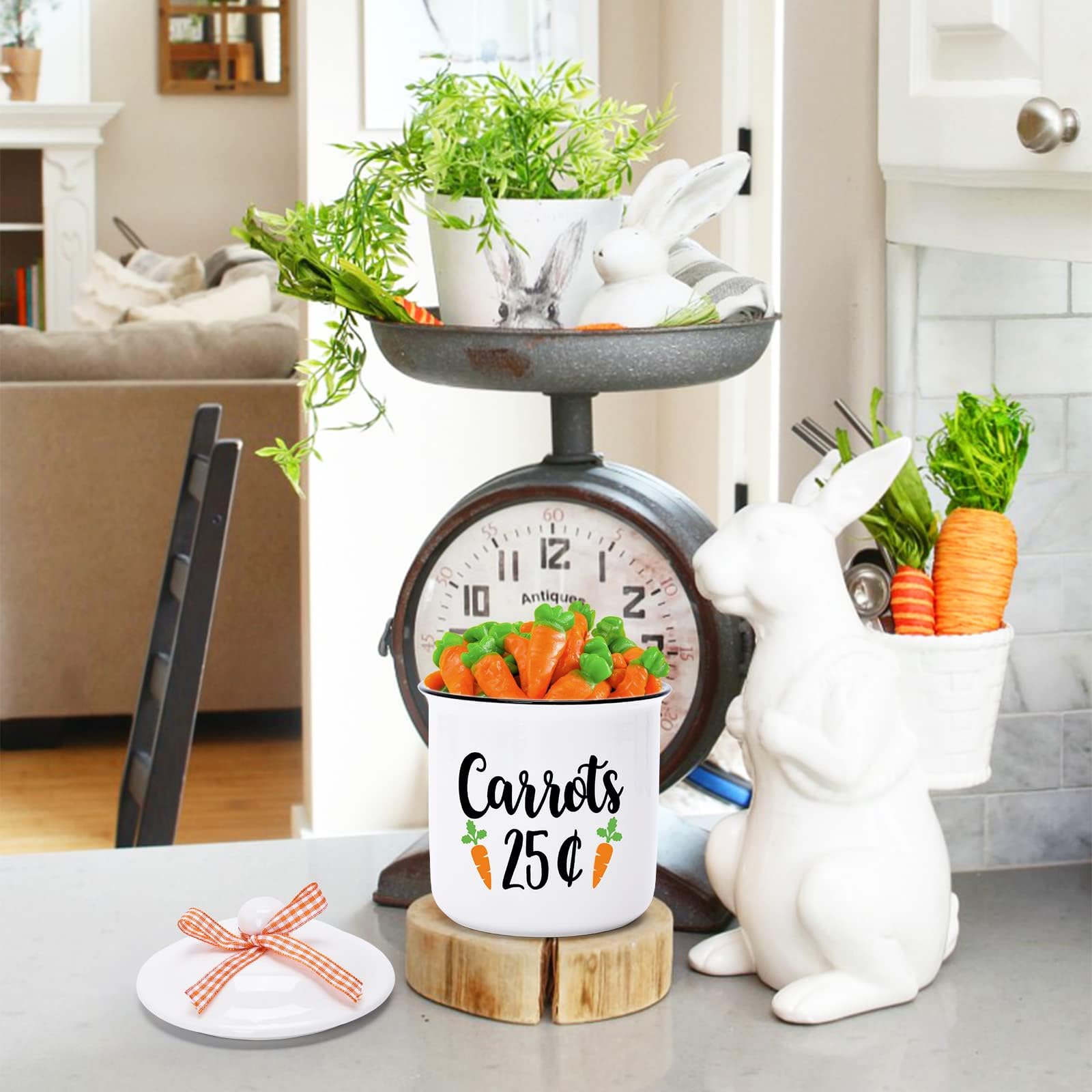 Easter Tiered Tray Decor Ceramic Canister Mini Jar Carrots 25¢ Candy Holder with Lid Orange Buffalo Plaid Bowknot for Cookie Snacks Spring Table Home Kitchen Accessory Holiday Gift Supplies Set of 1