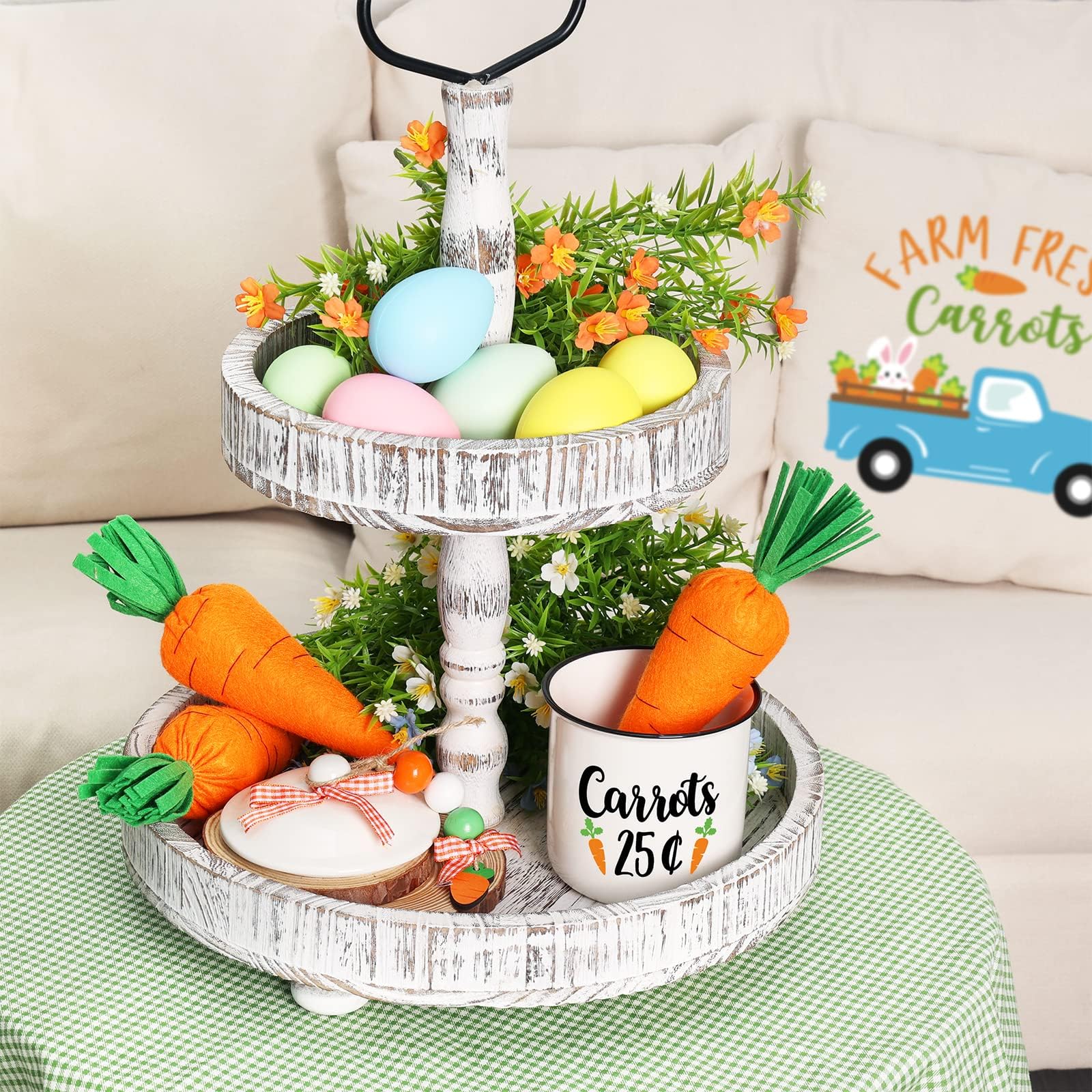 Easter Tiered Tray Decor Ceramic Canister Mini Jar Carrots 25¢ Candy Holder with Lid Orange Buffalo Plaid Bowknot for Cookie Snacks Spring Table Home Kitchen Accessory Holiday Gift Supplies Set of 1