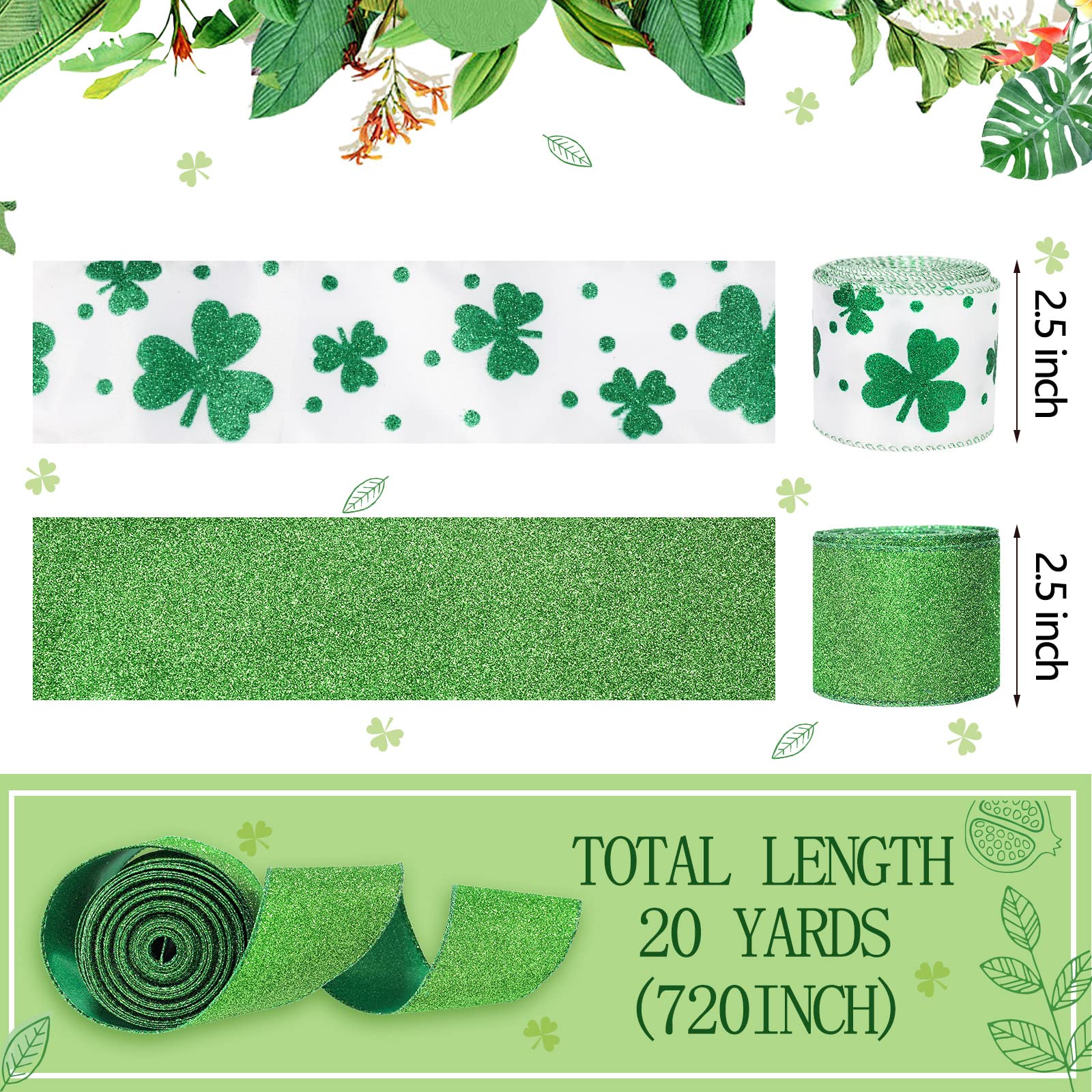 Whaline 2 Rolls St Patrick's Day Wired Ribbon Glitter Green Stain White Shamrock Craft Ribbons Linen Like Polyester Wrapping Ribbon for Home Craft Decoration Gift Bow Party Supply 2.5 Inch x 10 Yards