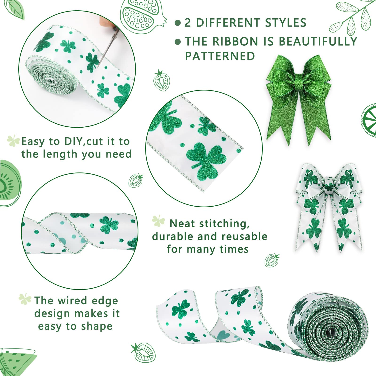 Whaline 2 Rolls St Patrick's Day Wired Ribbon Glitter Green Stain White Shamrock Craft Ribbons Linen Like Polyester Wrapping Ribbon for Home Craft Decoration Gift Bow Party Supply 2.5 Inch x 10 Yards