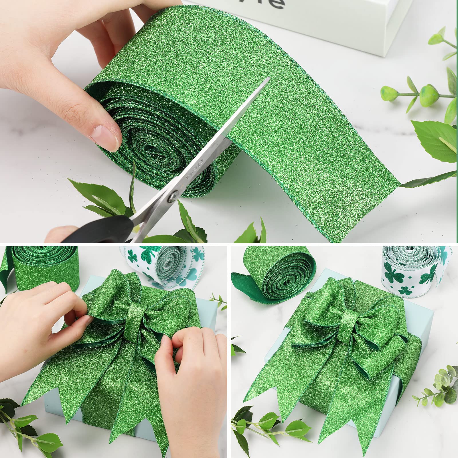 Whaline 2 Rolls St Patrick's Day Wired Ribbon Glitter Green Stain White Shamrock Craft Ribbons Linen Like Polyester Wrapping Ribbon for Home Craft Decoration Gift Bow Party Supply 2.5 Inch x 10 Yards