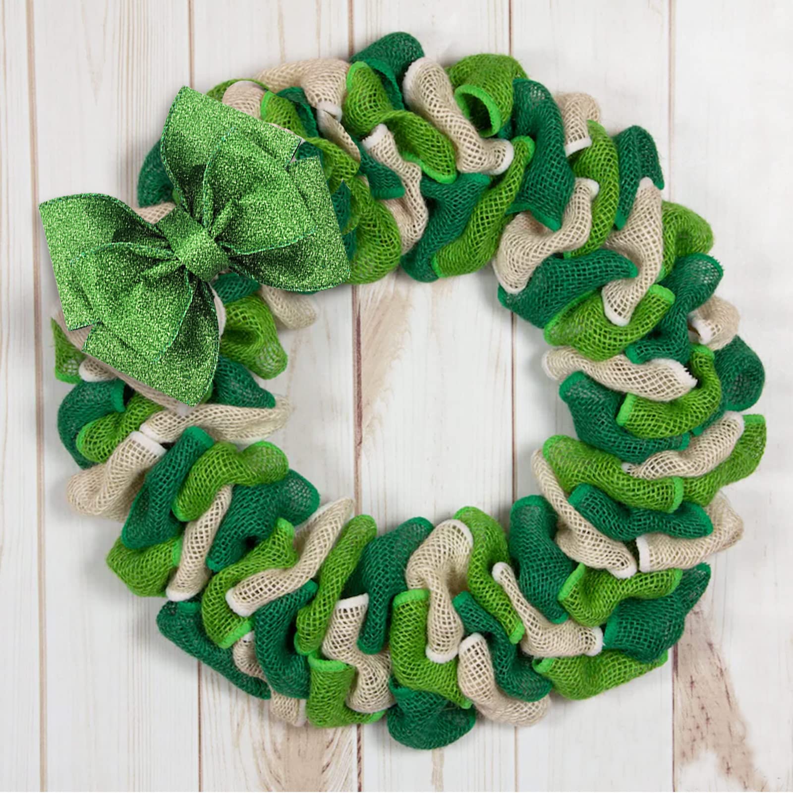 Whaline 2 Rolls St Patrick's Day Wired Ribbon Glitter Green Stain White Shamrock Craft Ribbons Linen Like Polyester Wrapping Ribbon for Home Craft Decoration Gift Bow Party Supply 2.5 Inch x 10 Yards
