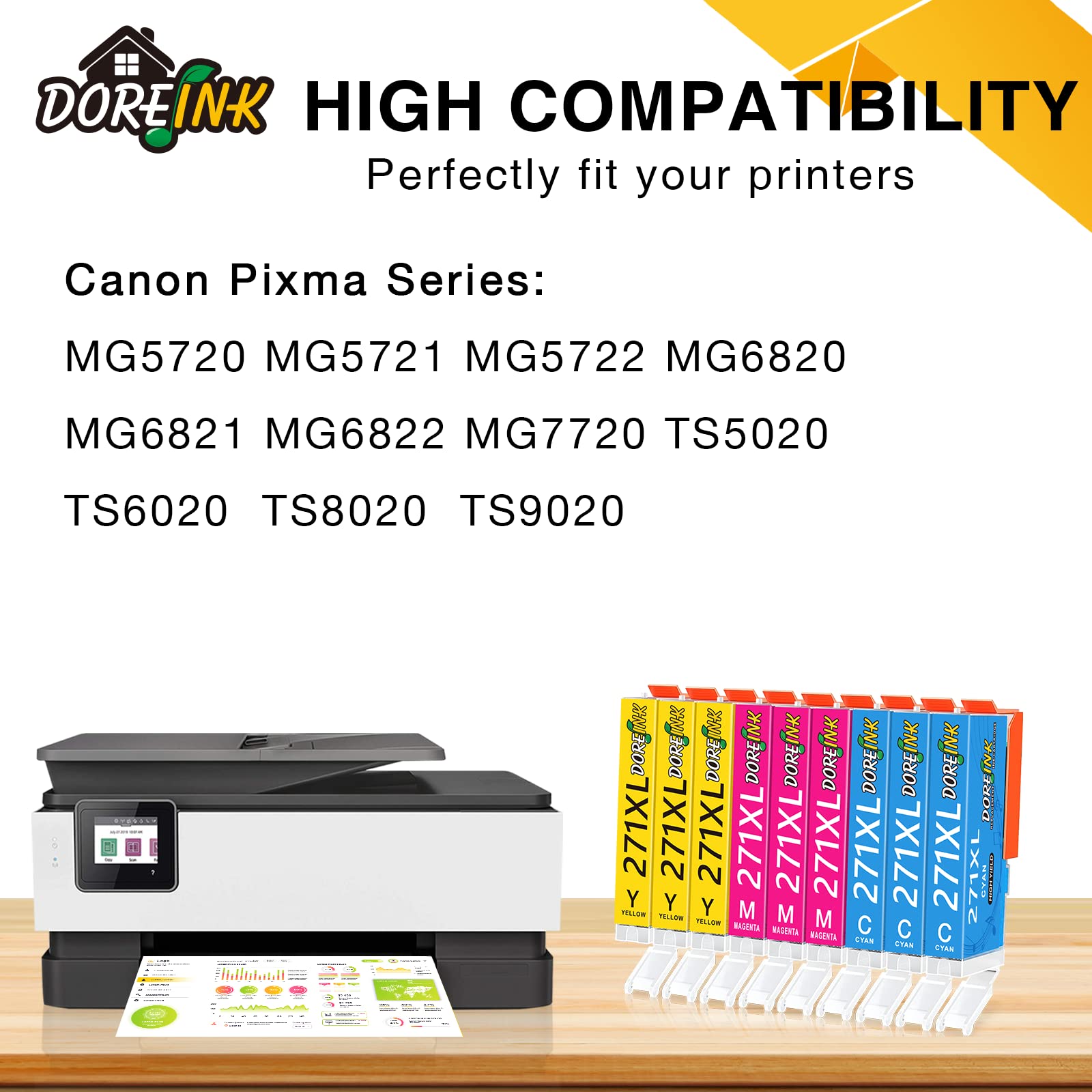 DOREINK 271 Compatible Ink Cartridge Replacement for Canon 271 271XL CLI-271XL to use with TS6020 TS9020 MG7720 TS5020 TS8020 MG6820 MG6821 MG5720 MG5722 Printer (3 Cyan, 3 Magenta, 3 Yellow) 9 Pack