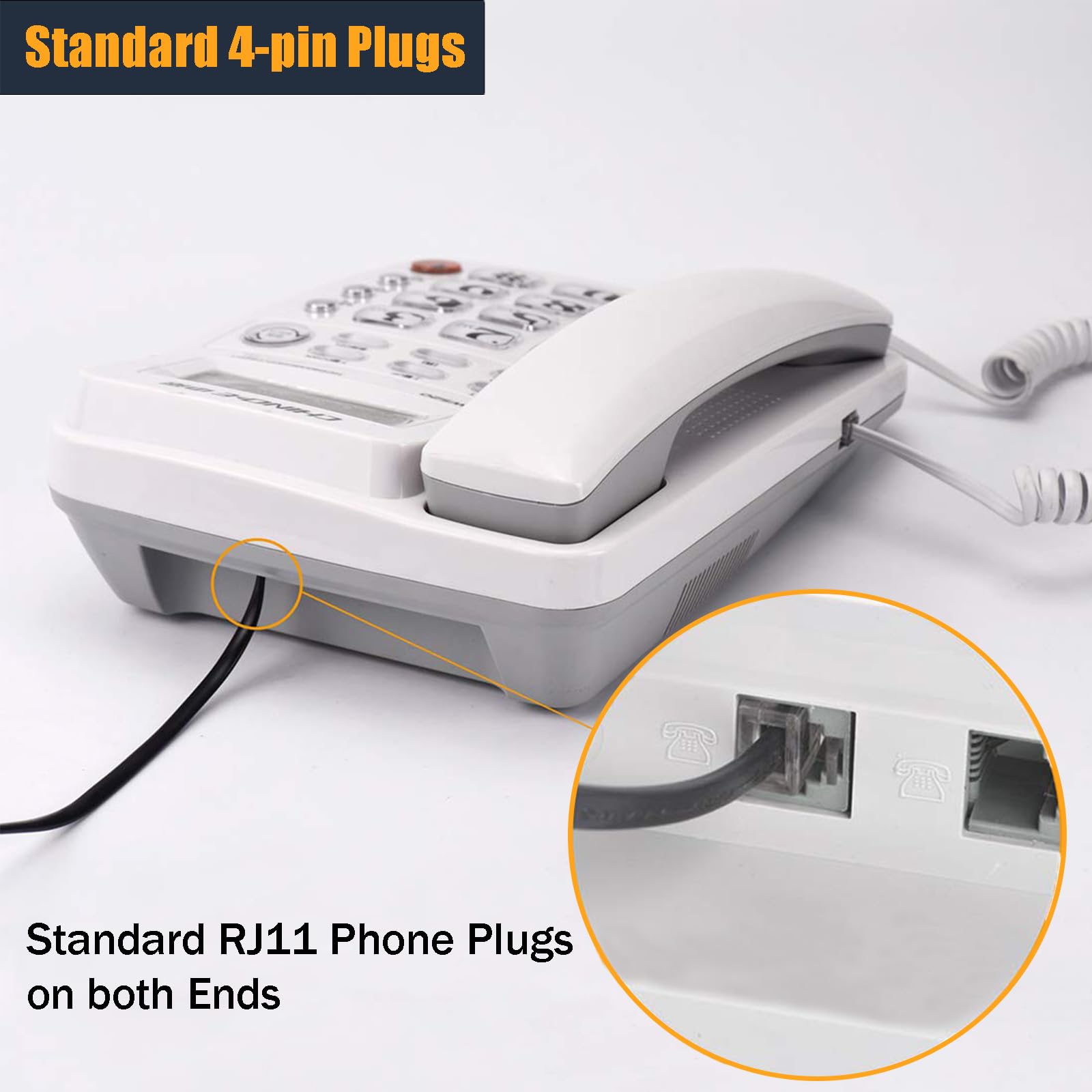 15FT Telephone Extension Cord Cable, Landline Phone Line Wire with RJ11 6P4C Plugs, Includes Cable Clips - Black - 2 Pack
