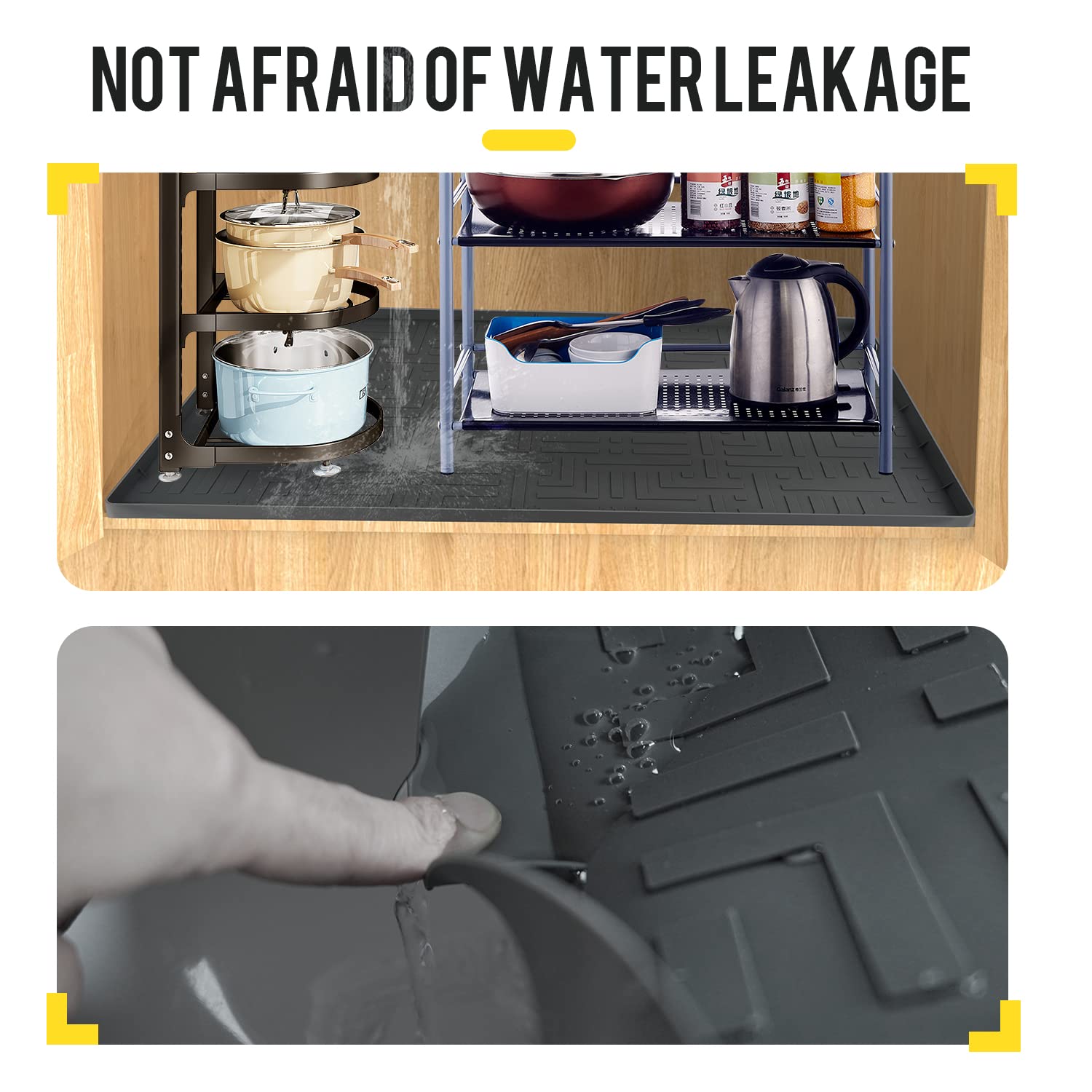 Under Sink Mat for Kitchen, 34"x21" Silicone Waterproof Mat Kitchen Bathroom Waterproof Cabinet Mat Sink liner, Protector for Under Sink Tray for Drips Leaks Mat, Hold Up to 4 Gallons - Grey