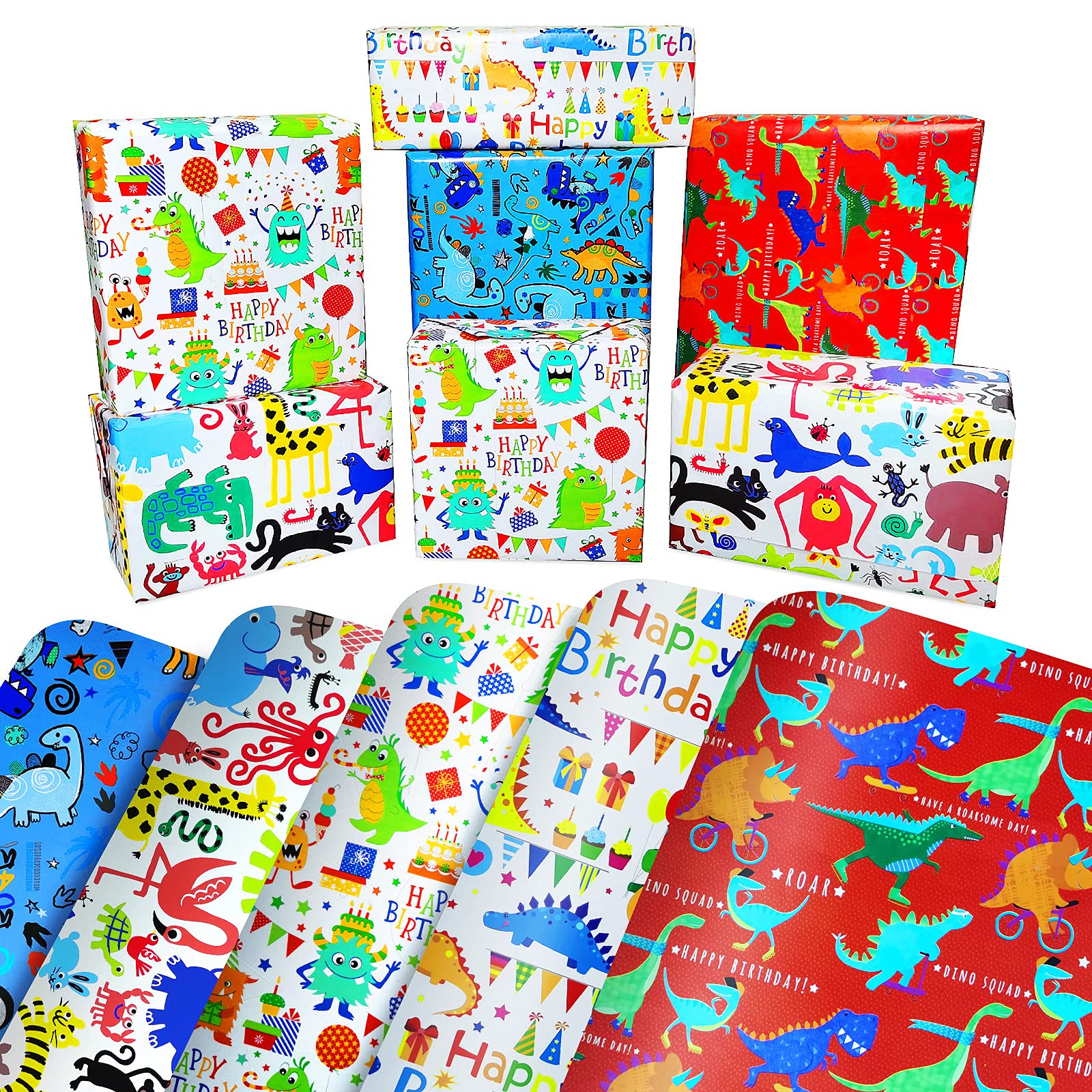 Kids Birthday Wrapping Paper for Boys Wrapping Paper Birthday Sheets-10 Pack Cute Animal Dinosaur Wrapping Paper for Boys,Toddlers,Girls,Children,Kids,Birthday,Baby Shower,Party,Dino Gift Wrapping Paper Kids for Present Wrapping Paper Birthday Boy-5 Style