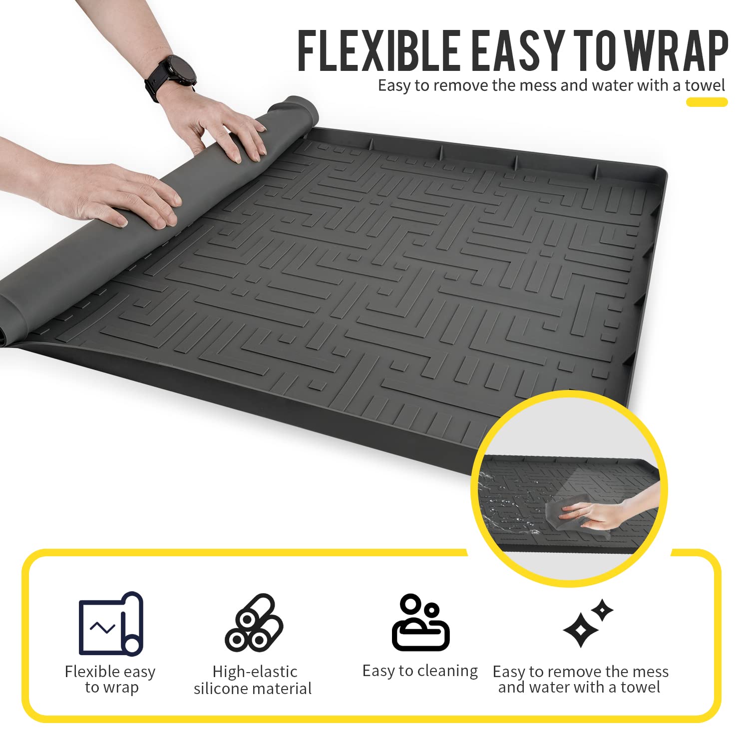 Under Sink Mat for Kitchen, 34"x21" Silicone Waterproof Mat Kitchen Bathroom Waterproof Cabinet Mat Sink liner, Protector for Under Sink Tray for Drips Leaks Mat, Hold Up to 4 Gallons - Grey