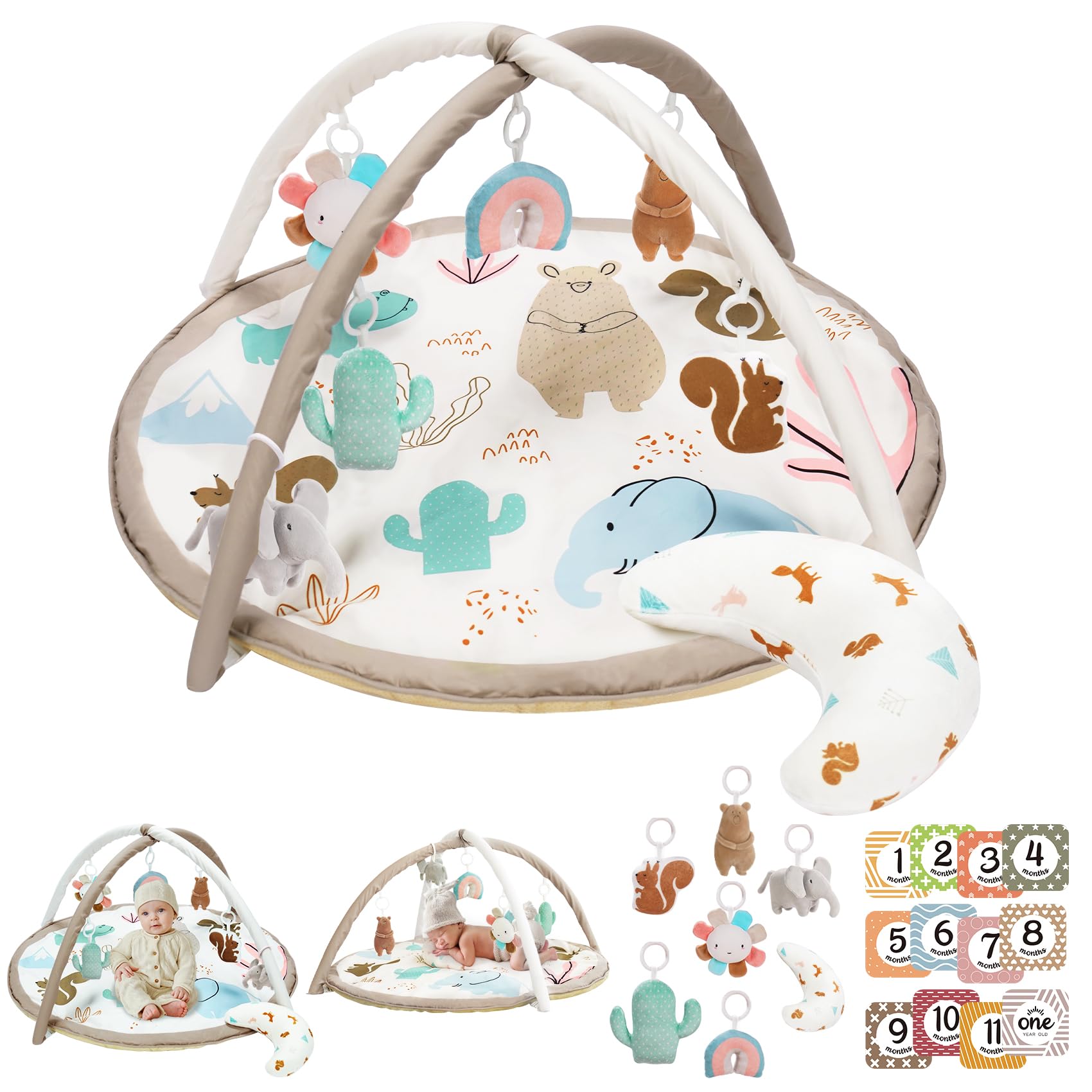 Washable Baby Gym Activity Center with Animal Play Mat, Visual, Hearing, Touch, Cognitive Early Development Playmats, 6 Toys for Infant & Toddler, Larger, Non Slip