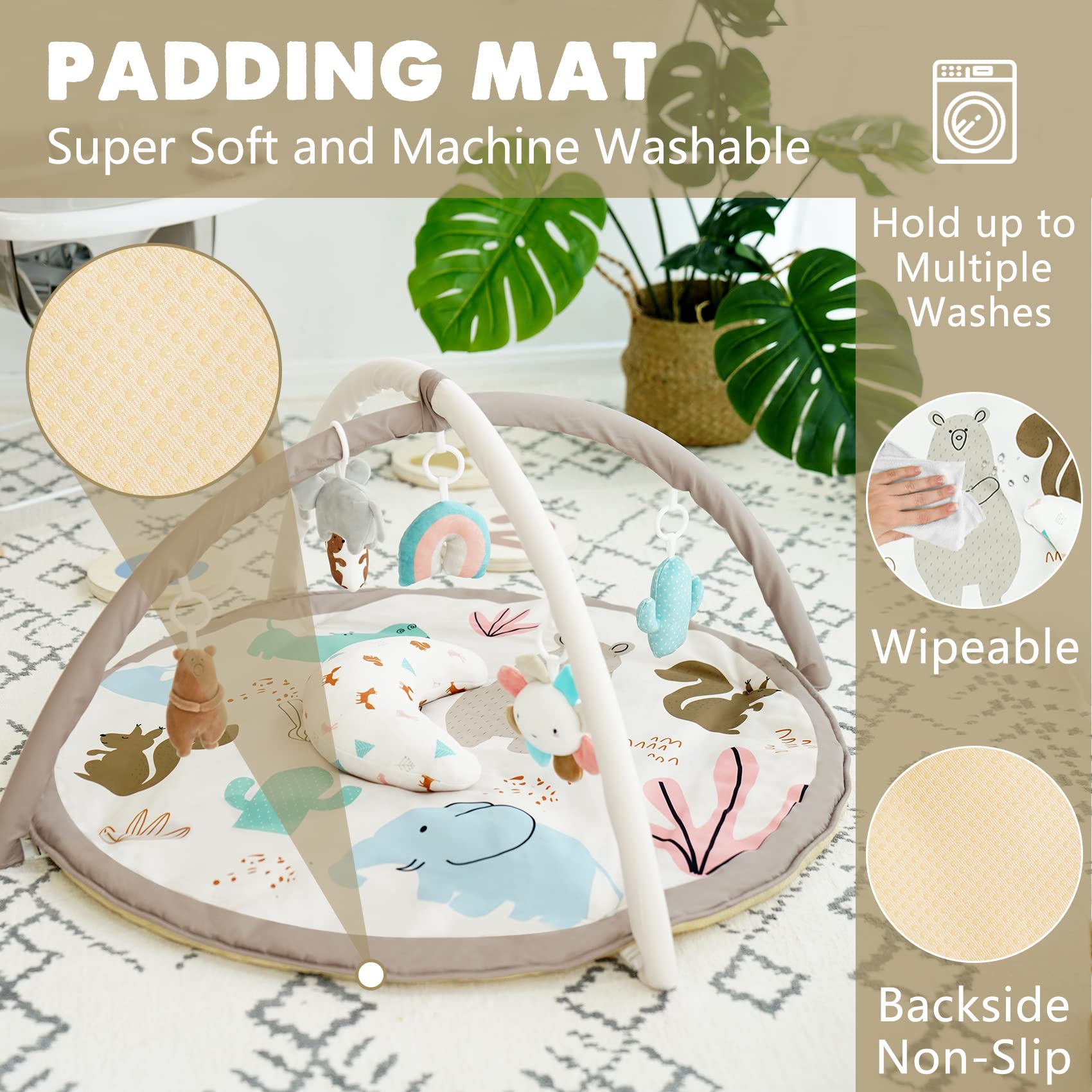 Washable Baby Gym Activity Center with Animal Play Mat, Visual, Hearing, Touch, Cognitive Early Development Playmats, 6 Toys for Infant & Toddler, Larger, Non Slip