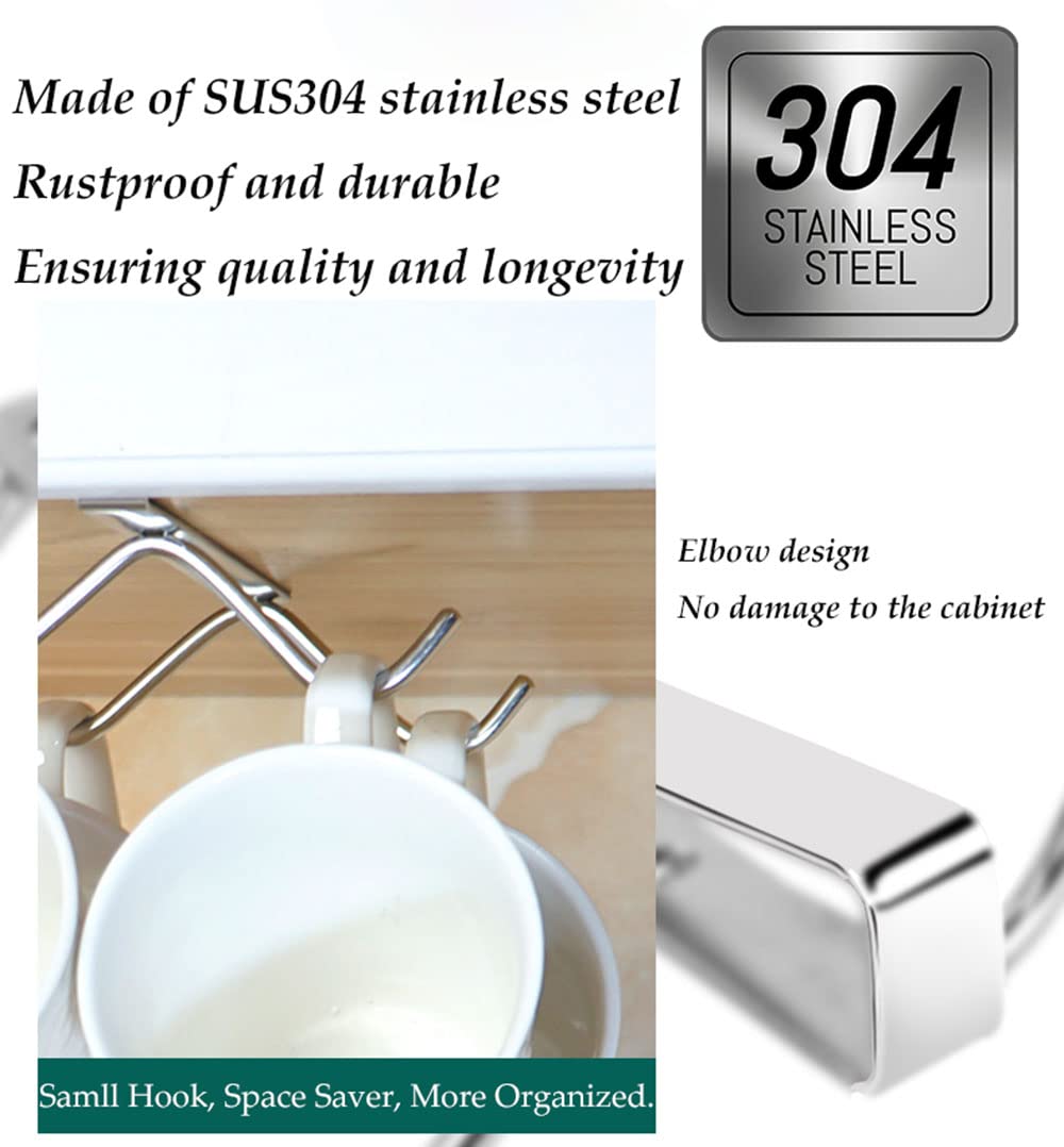 Kakuru Coffee Mug Organizer. Mug Rack Hanger, 4 Hooks Under Cabinet, 2 PCS Stainless Steel, Best Choice for Space Saving