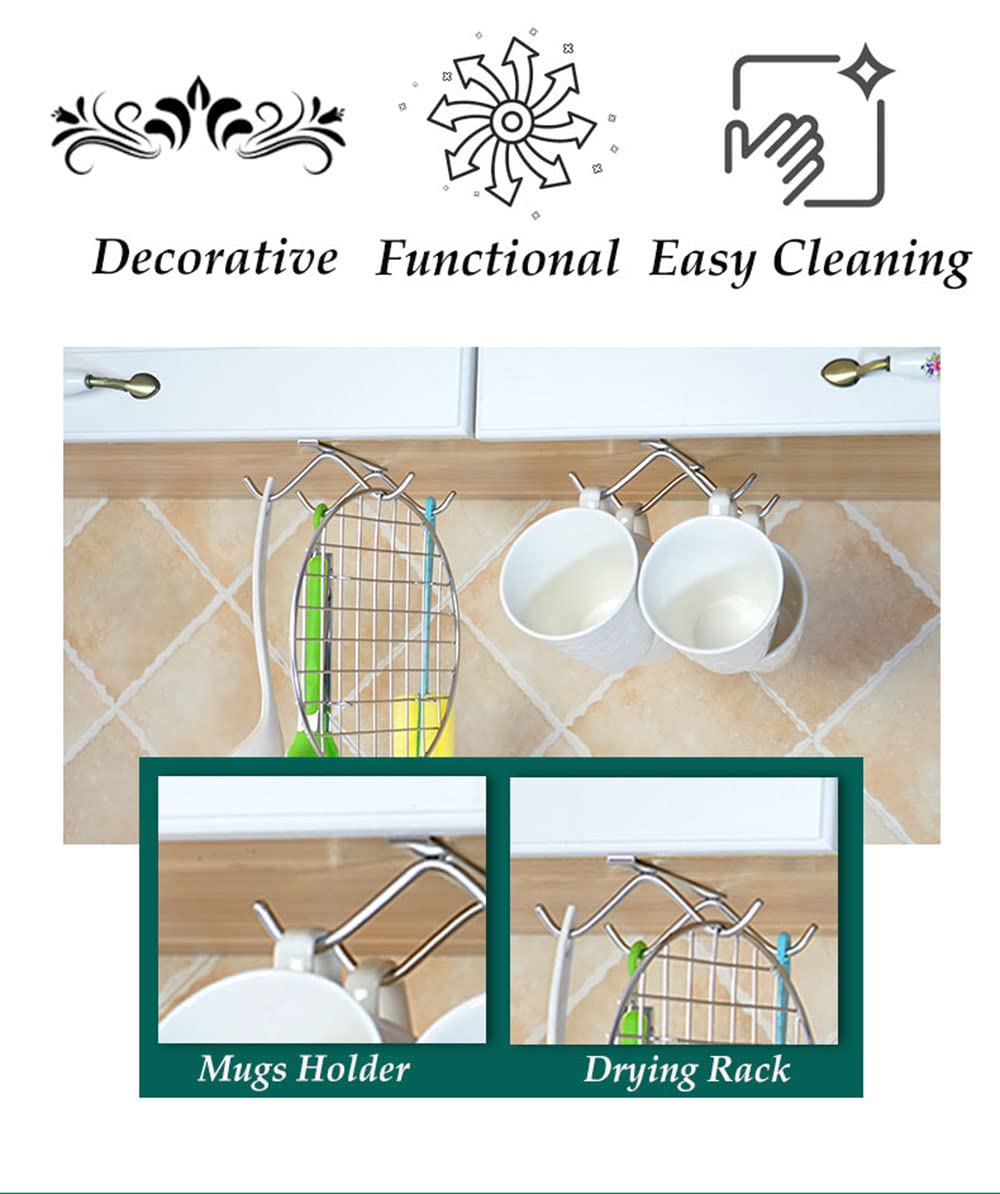 Kakuru Coffee Mug Organizer. Mug Rack Hanger, 4 Hooks Under Cabinet, 2 PCS Stainless Steel, Best Choice for Space Saving