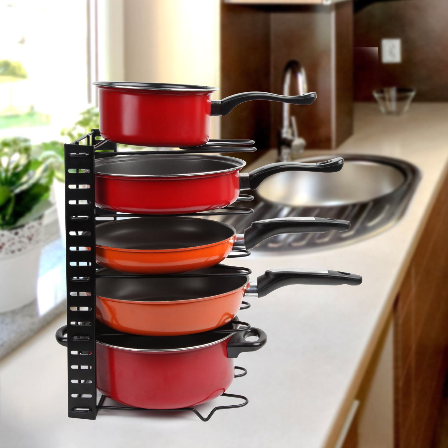 Vdomus Adjustable Pots and Pans Rack for Kitchen, Pan and Pot Lid Holder Black Metal (Black)