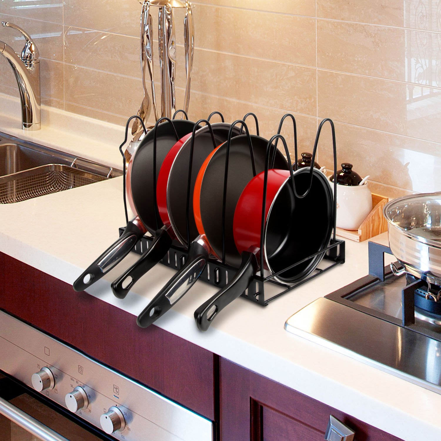 Vdomus Adjustable Pots and Pans Rack for Kitchen, Pan and Pot Lid Holder Black Metal (Black)