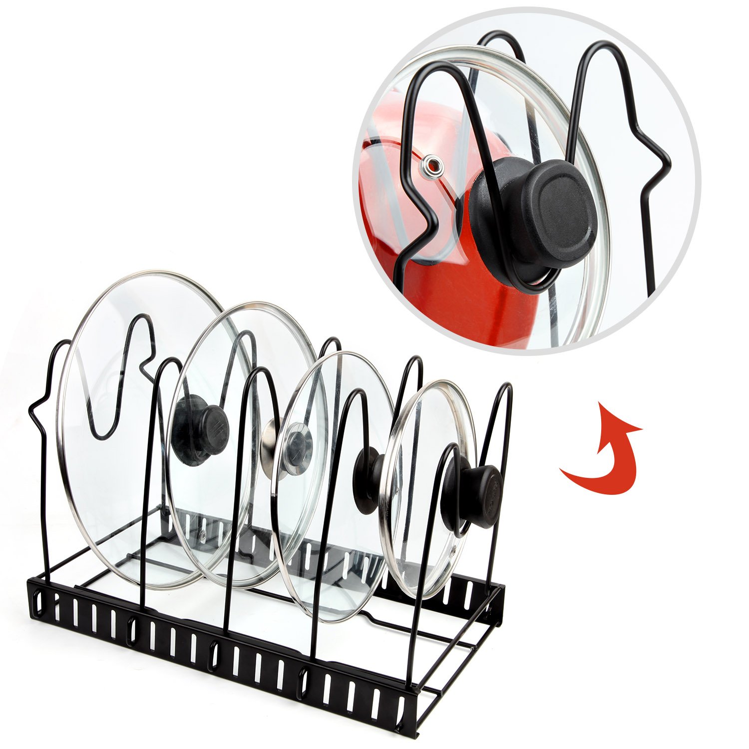Vdomus Adjustable Pots and Pans Rack for Kitchen, Pan and Pot Lid Holder Black Metal (Black)
