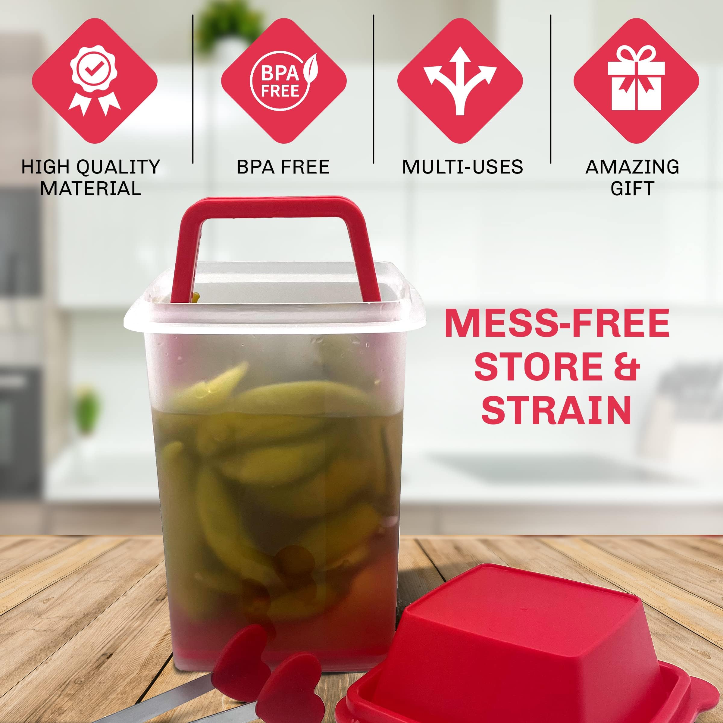 Mwnxia Chilero Jalapenos Jalapeños Pickle Storage Container with Strainer | Pickle Jar with Lifter | BPA-Free Complete with Tong (Red)