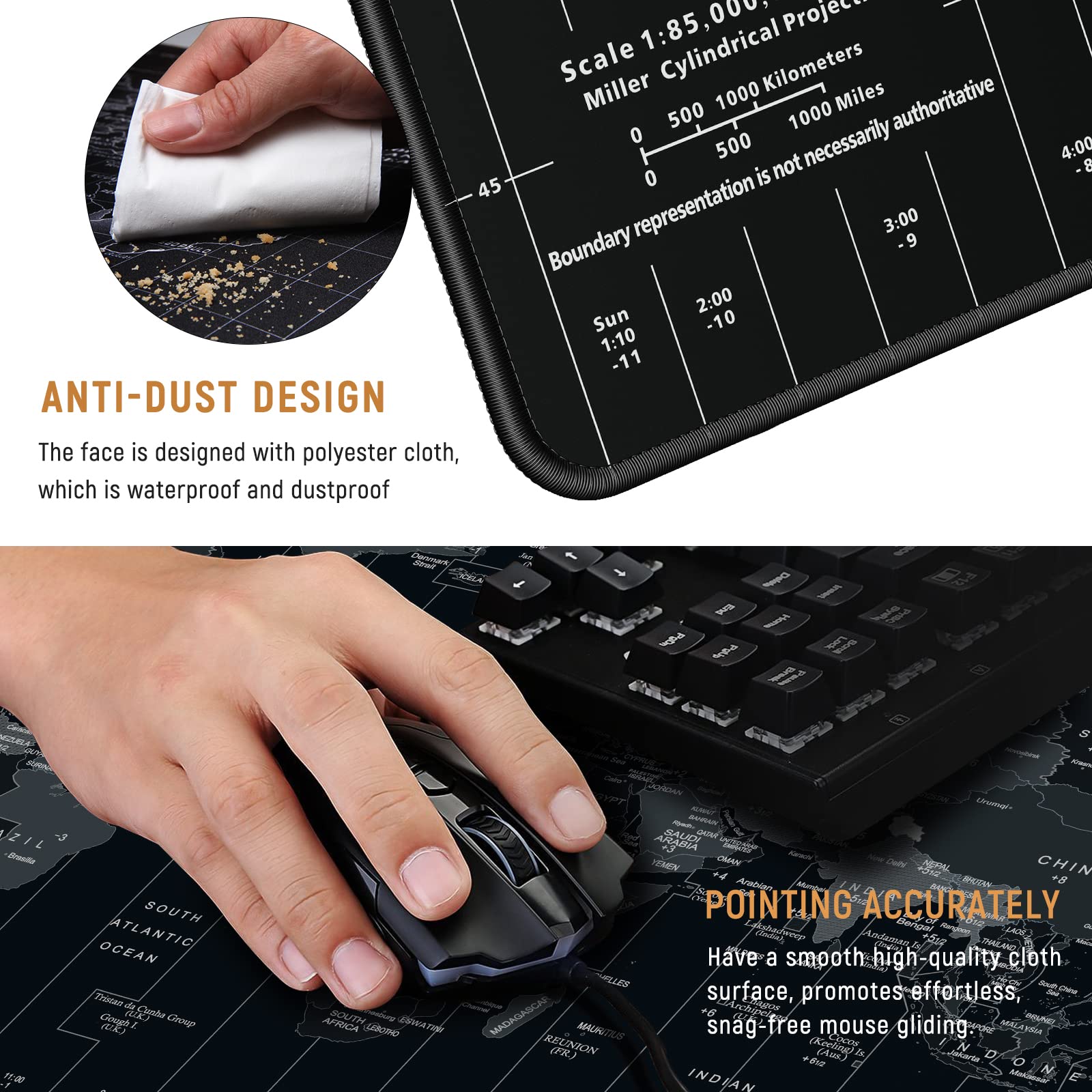 JIALONG New Upgraded Version Large Mouse Pad Desk Mat Comfortable Mousepad with Personalized Design Extended Size 35.4 X 15.7X 0.12 inches for Laptop, Computer and PC - Black World Map