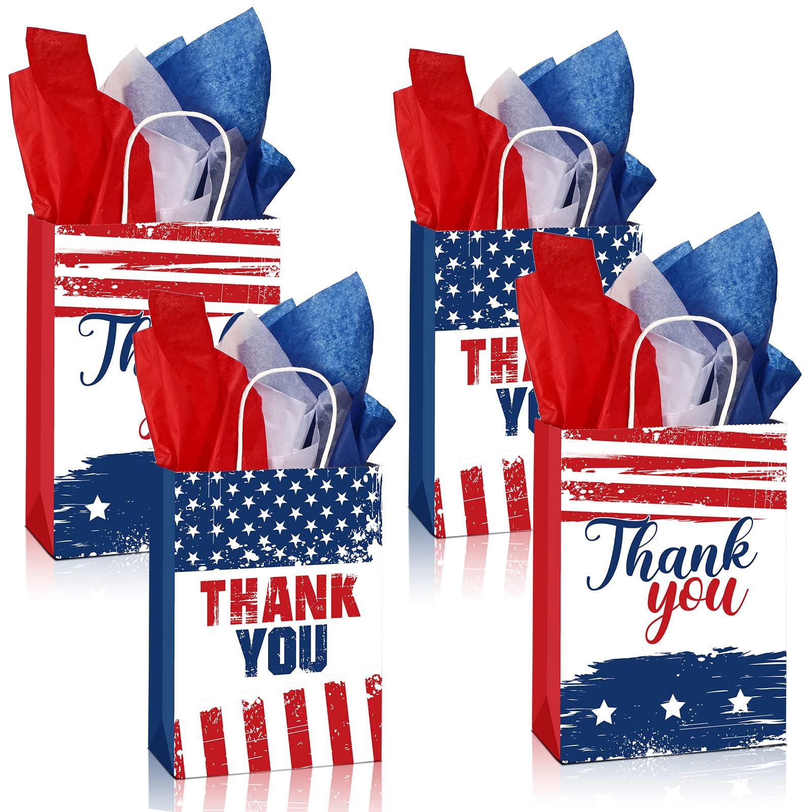 Pajean 16 Pieces Patriotic Thank You Gift Bags with 18 Red White Blue Tissue Paper American Flag Party Favor USA Treat Goodie Handle for Veterans Day Memorial Independence