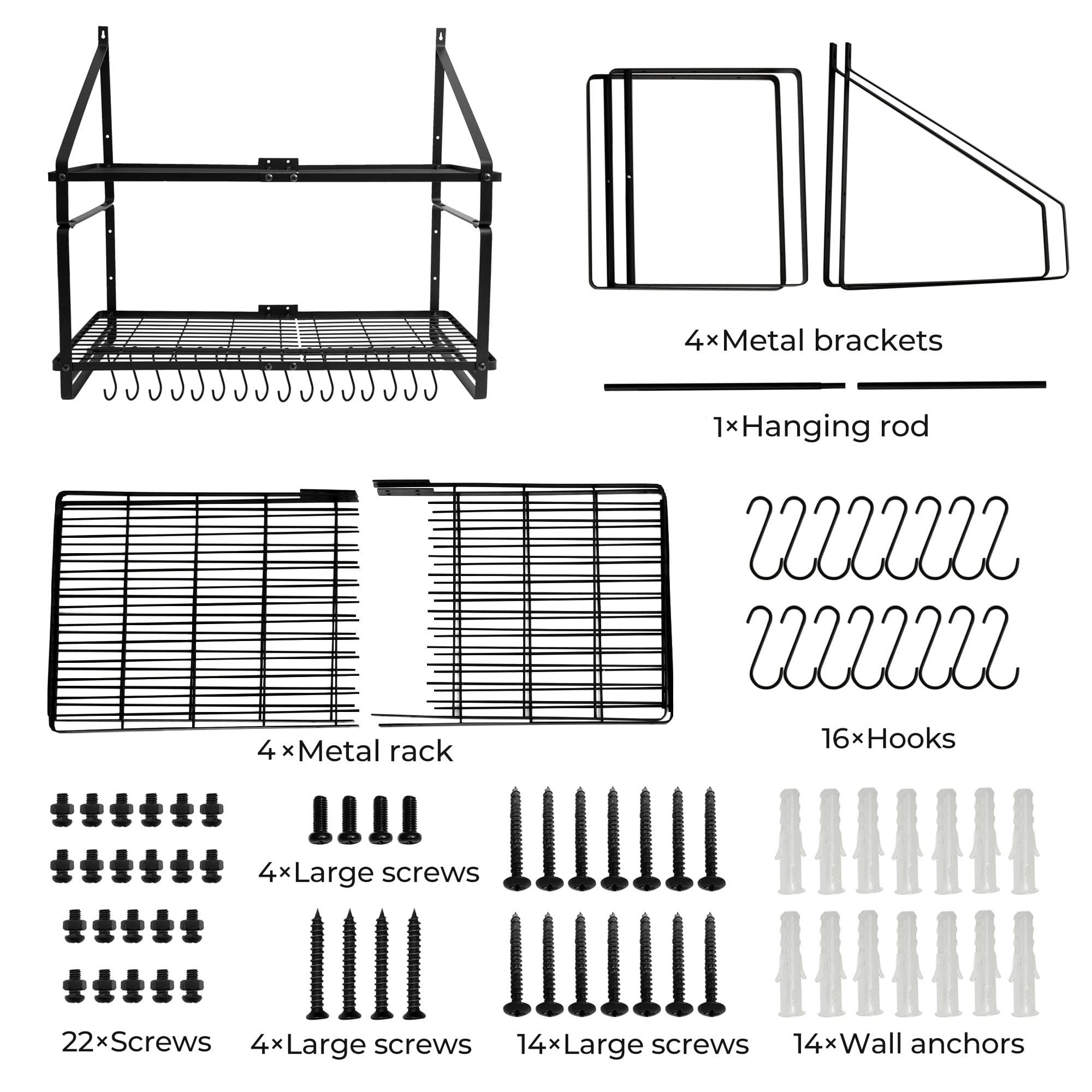 JS HANGER Pot Rack Wall Mounted, 2 Tier Pot and Pan Hanging Rack Organizer Wall Shelves with 16 Hooks for Kitchen Cookware Utensils Organization Black