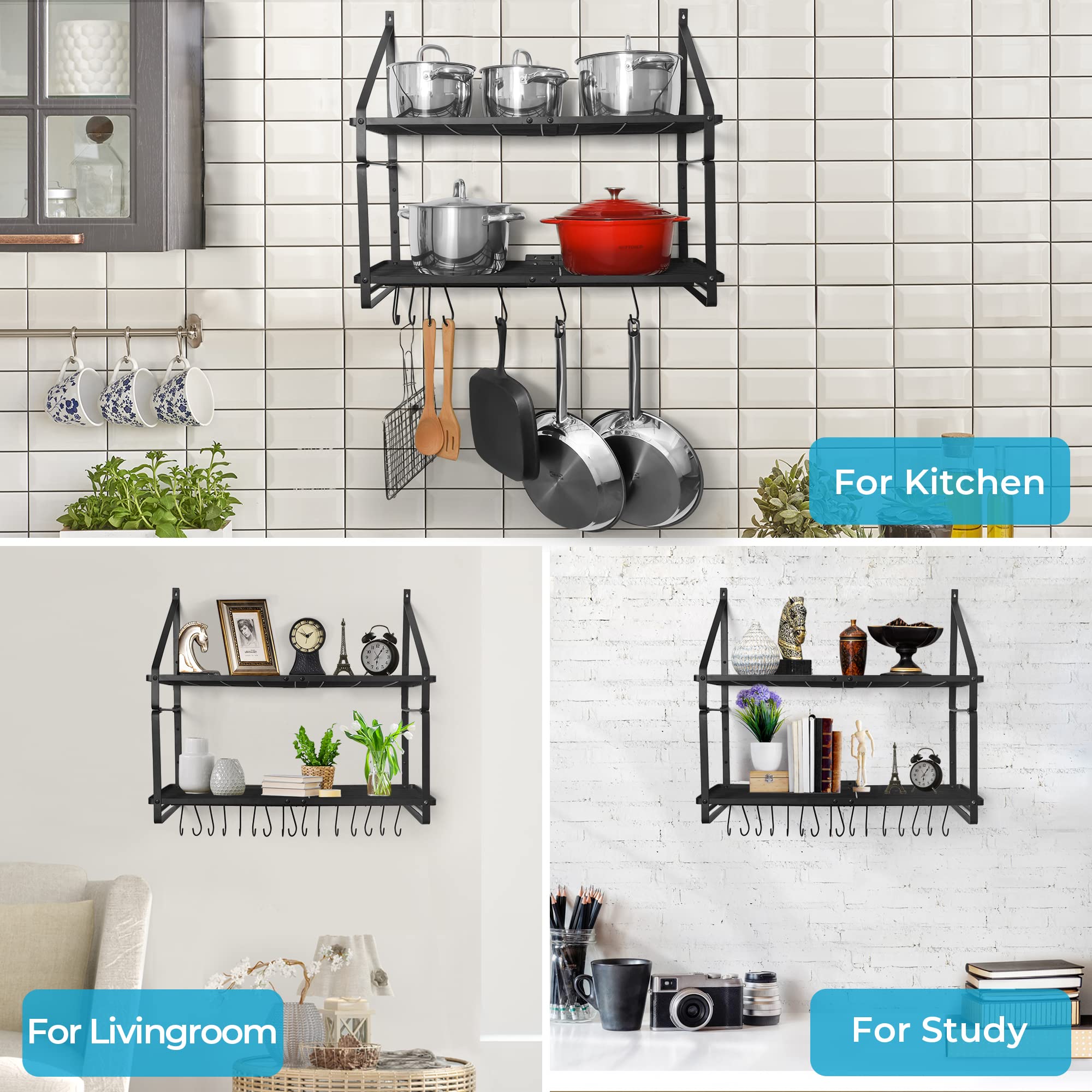 JS HANGER Pot Rack Wall Mounted, 2 Tier Pot and Pan Hanging Rack Organizer Wall Shelves with 16 Hooks for Kitchen Cookware Utensils Organization Black