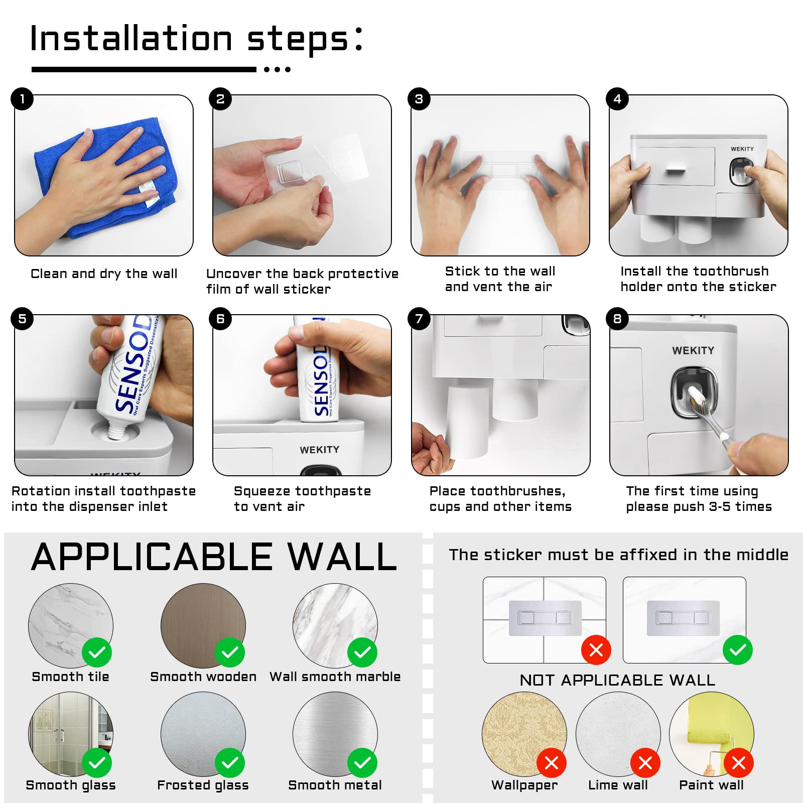 Toothbrush Holder Wall Mounted, WEKITY Multi-Functional Toothbrush and Toothpaste Dispenser for Bathroom, with 5 Toothbrush Slots, 2 Toothpaste Squeezers and 4 Cups(Grey)