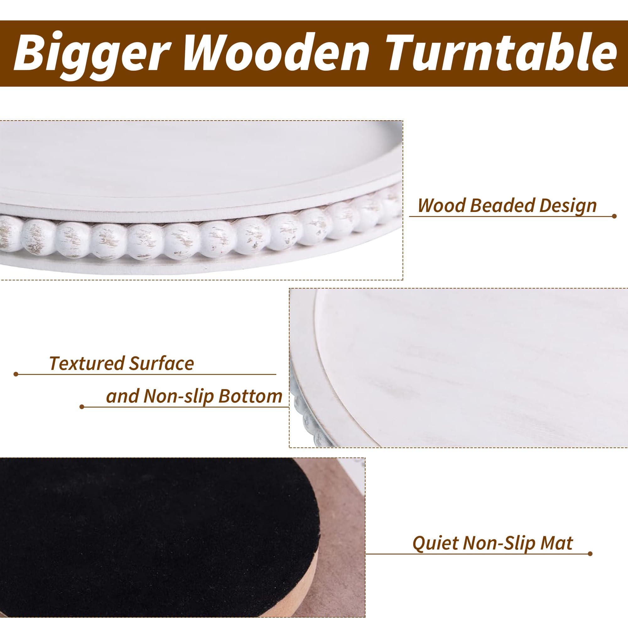 HPC Decor 12 Inch Beaded Lazy Susan- Wooden Lazy Susan Organizer- Farmhouse Table Decor- Round Lazy Susan for Table Cabinet- Kitchen Turntable 360 Degrees Rotating Table Decor Spinning Tray (White)