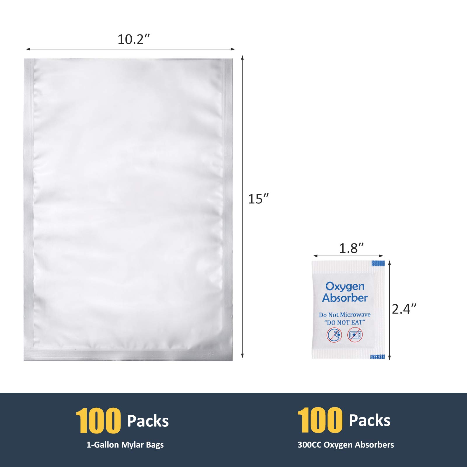 wisedry [100 Packs] 1-Gallon Mylar Bags (4 Mil, 15''x10'') with 300cc Oxygen Absorbers Packets for Dehydrated Vegetables, Grains, Legumes and Emergency Long Term Food Storage, Food Grade