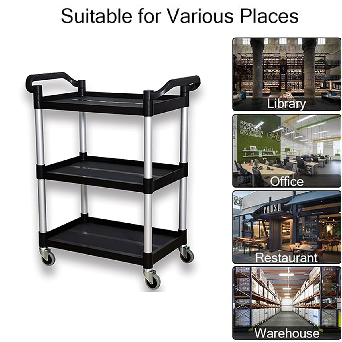 Abacad Plastic Utility Cart with Wheels Lockable, Heavy Duty Restaurant Cart, Service Cart for/Home/Office/Warehouse/Kitchen/Workshop,390 Lbs,2 Handles, Black.