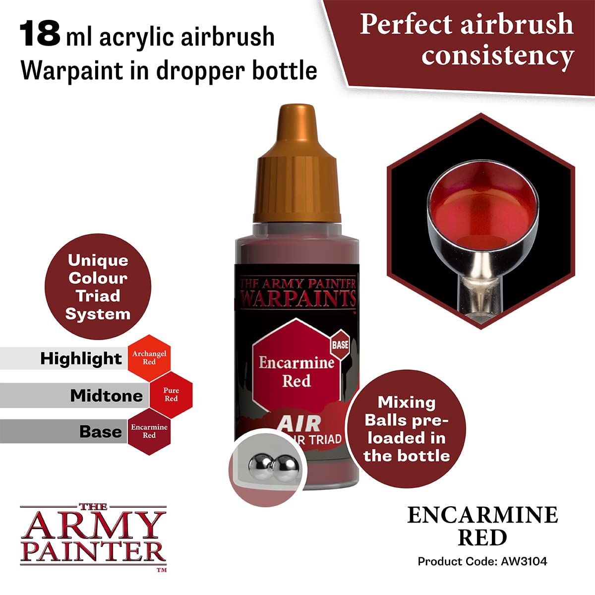 The Army Painter Warpaints Air - Non-Toxic Water Based Airbrush Paint β Acrylic Paint and Primer for Tabletop Roleplaying, Boardgames, and Wargames Miniature Model Painting (Encarmine Red)