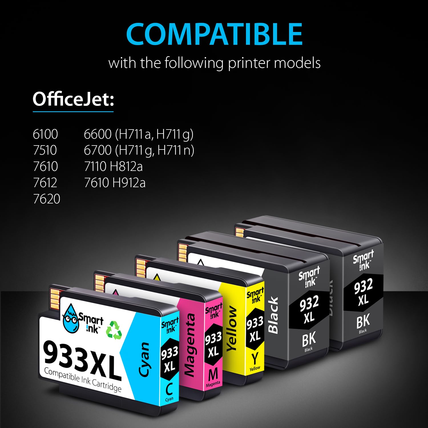 Smart Ink Compatible Ink Cartridge Replacement for HP 932XL 933XL 932 XL 933 (5 Pack Combo) to use with HP Officejet 6600 6100 6700 7510 7610 7612 7510 Printers (2 Black XL, Cyan, Magenta, Yellow)