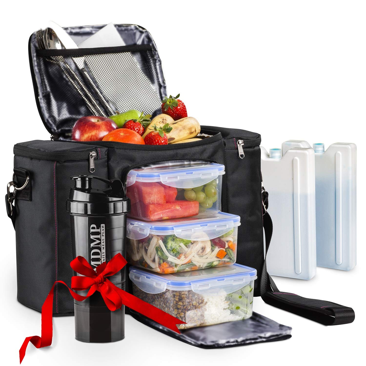 Meal Prep Lunch Bag / Box For Men, Women + 3 Large Food Containers (45 Oz.) + 2 Big Reusable Ice Packs + Shoulder Strap + Shaker With Storage. Insulated Lunchbox Cooler Portion Control Set (Black)