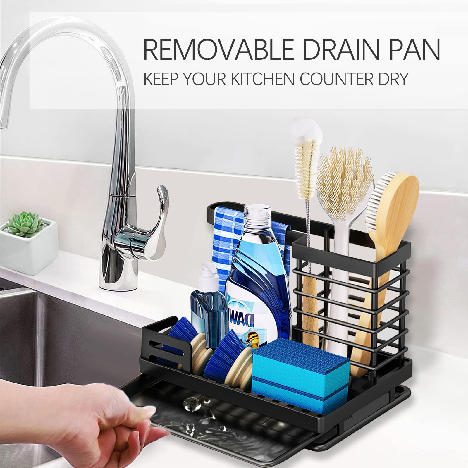 Meritpick Sink Caddy Kitchen Sink Organizer, Sponge Holder for Kitchen Sink, Kitchen Sink Sponge Holder with Removable Drain Pan for Sponge, Brush, Bottles,Dish Soap (A)