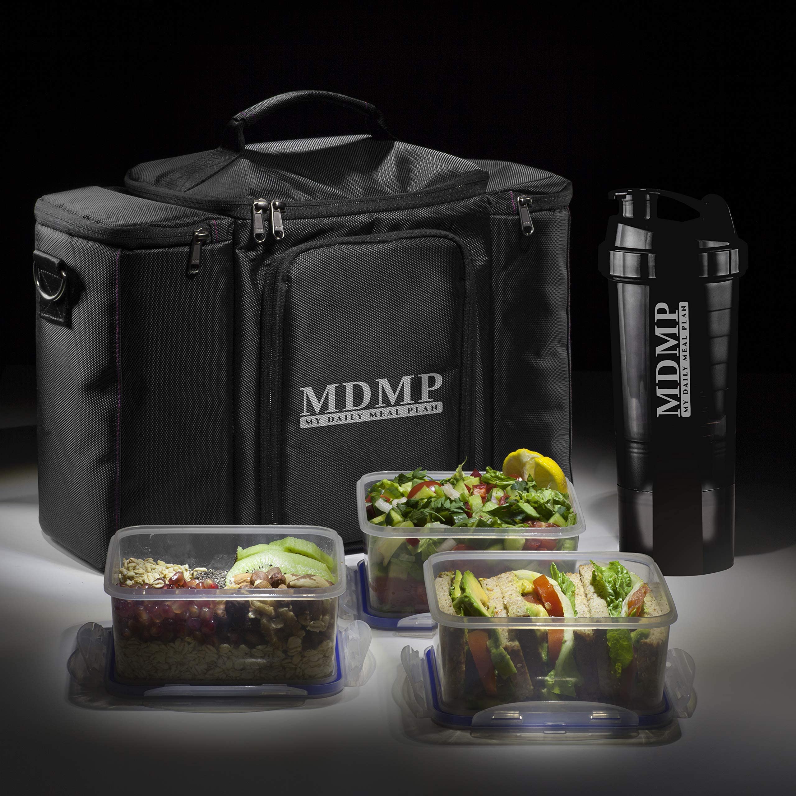 Meal Prep Lunch Bag / Box For Men, Women + 3 Large Food Containers (45 Oz.) + 2 Big Reusable Ice Packs + Shoulder Strap + Shaker With Storage. Insulated Lunchbox Cooler Portion Control Set (Black)